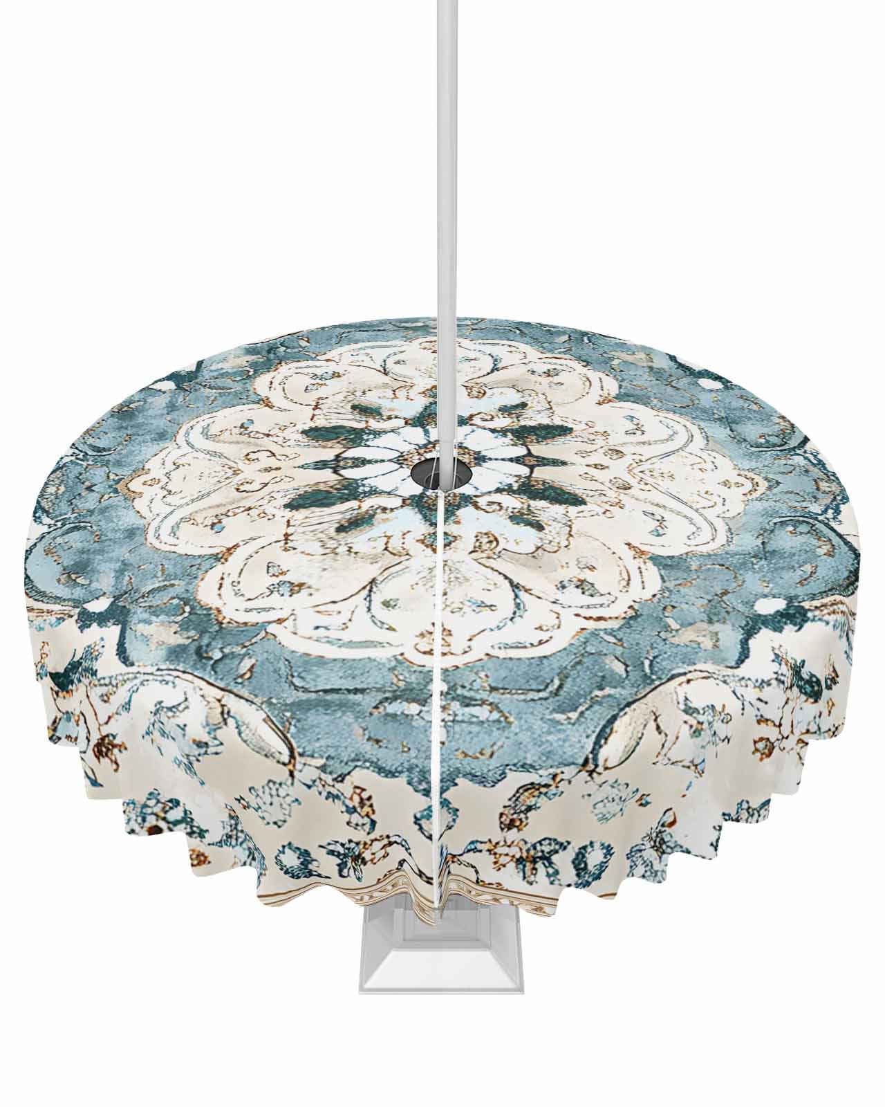 Hokiten Outdoor Tablecloths with Umbrella Hole & Zipper, Blue Boho ...