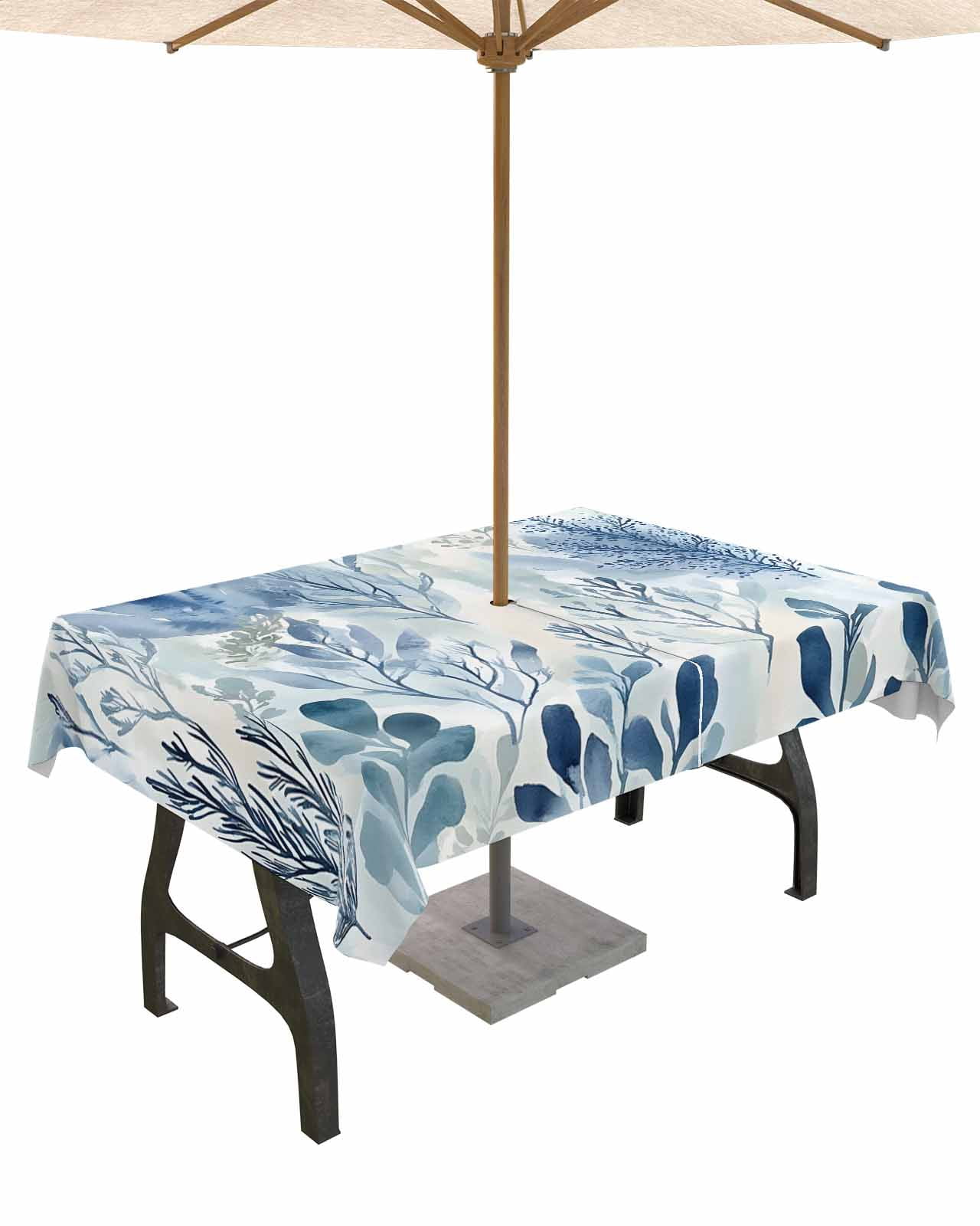 Hokiten Outdoor Tablecloths with Umbrella Hole & Zipper, Blue Botanical ...