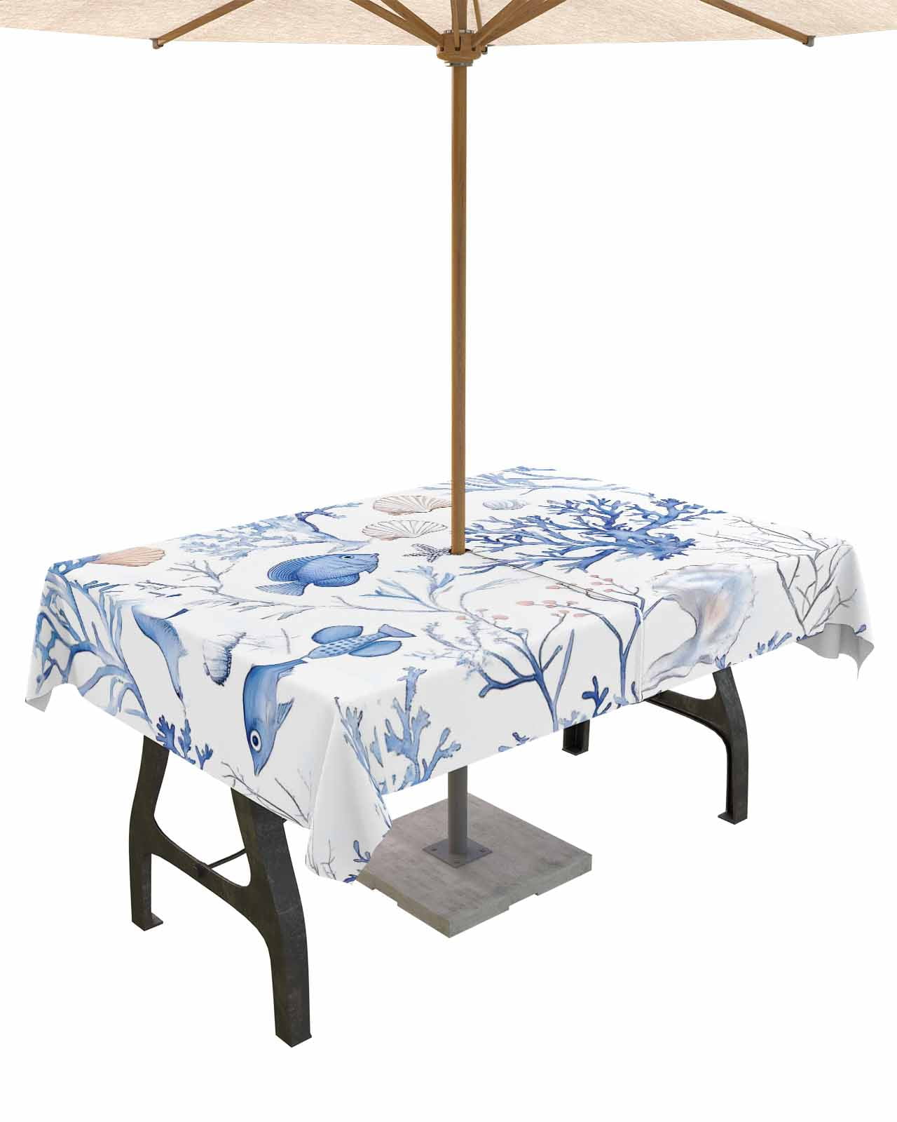 Hokiten Outdoor Tablecloths with Umbrella Hole & Zipper, Blue Coastal ...