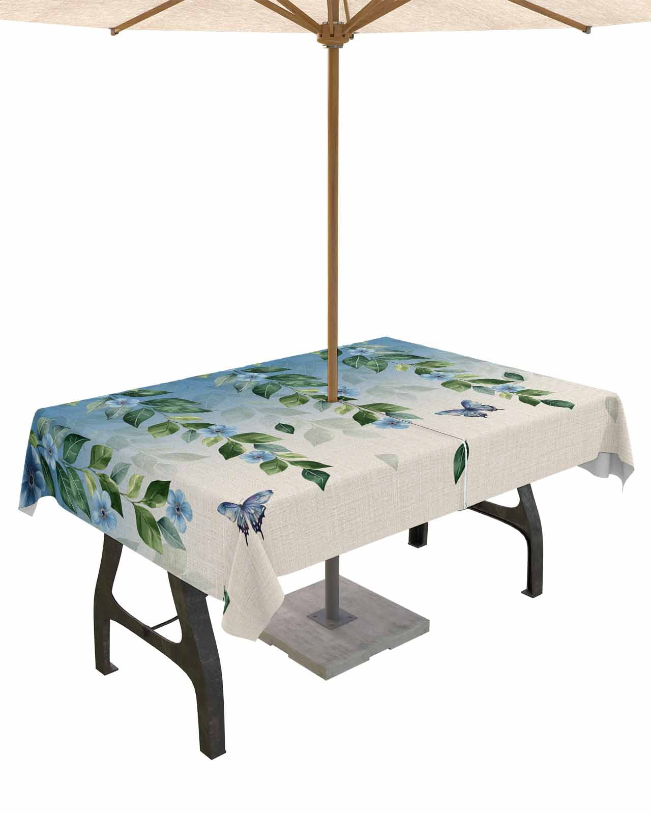 Hokiten Outdoor Tablecloths with Umbrella Hole & Zipper, Blue Floral ...
