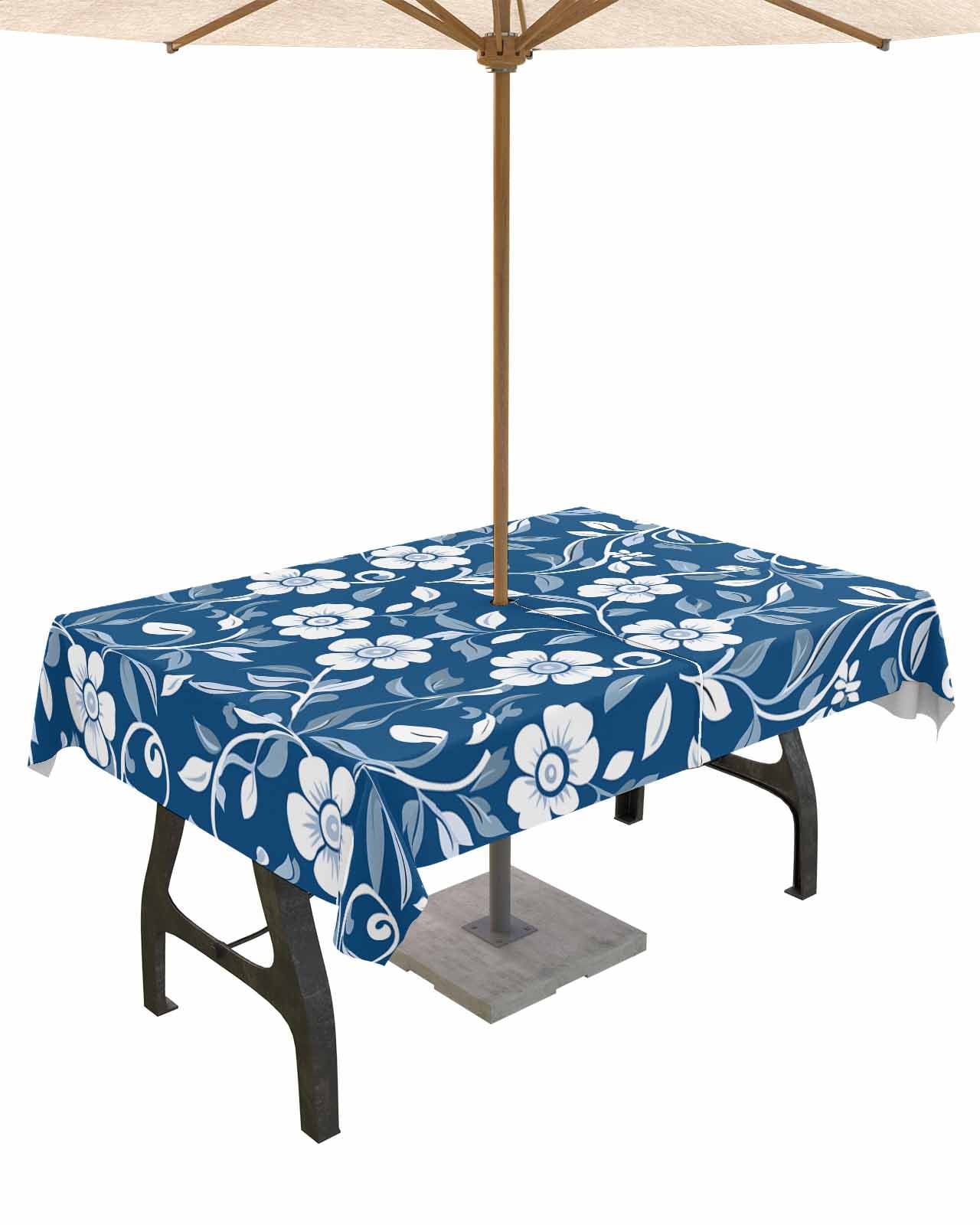 Hokiten Outdoor Tablecloths with Umbrella Hole & Zipper, Blue White ...