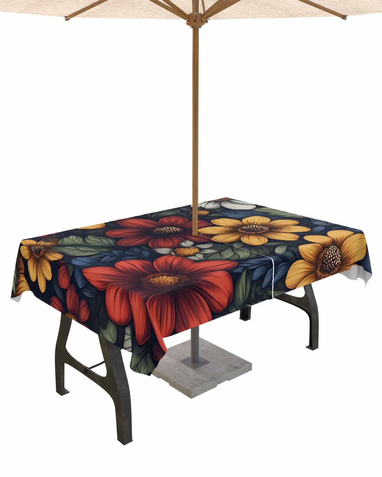 Hokiten Outdoor Tablecloths with Umbrella Hole & Zipper, Flower Floral ...