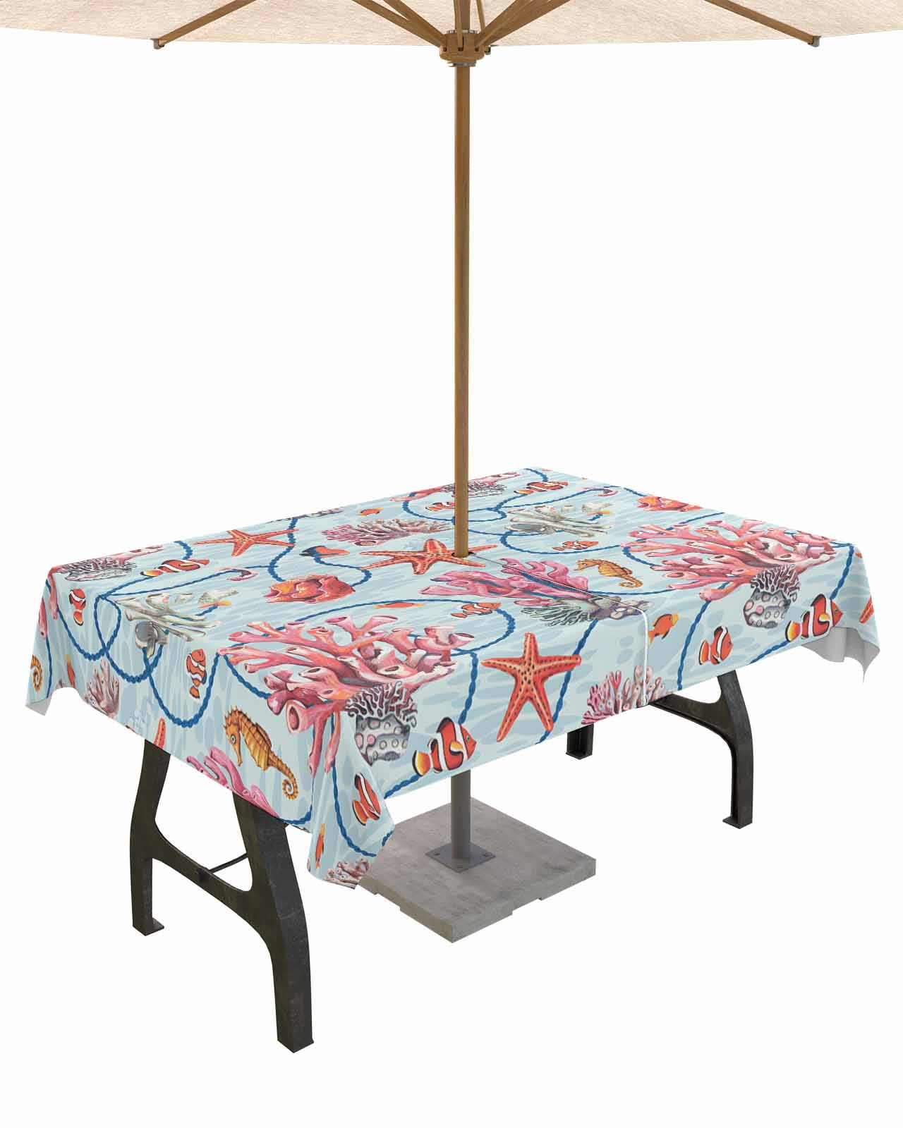 Hokiten Outdoor Tablecloths with Umbrella Hole & Zipper, Summer Ocean ...