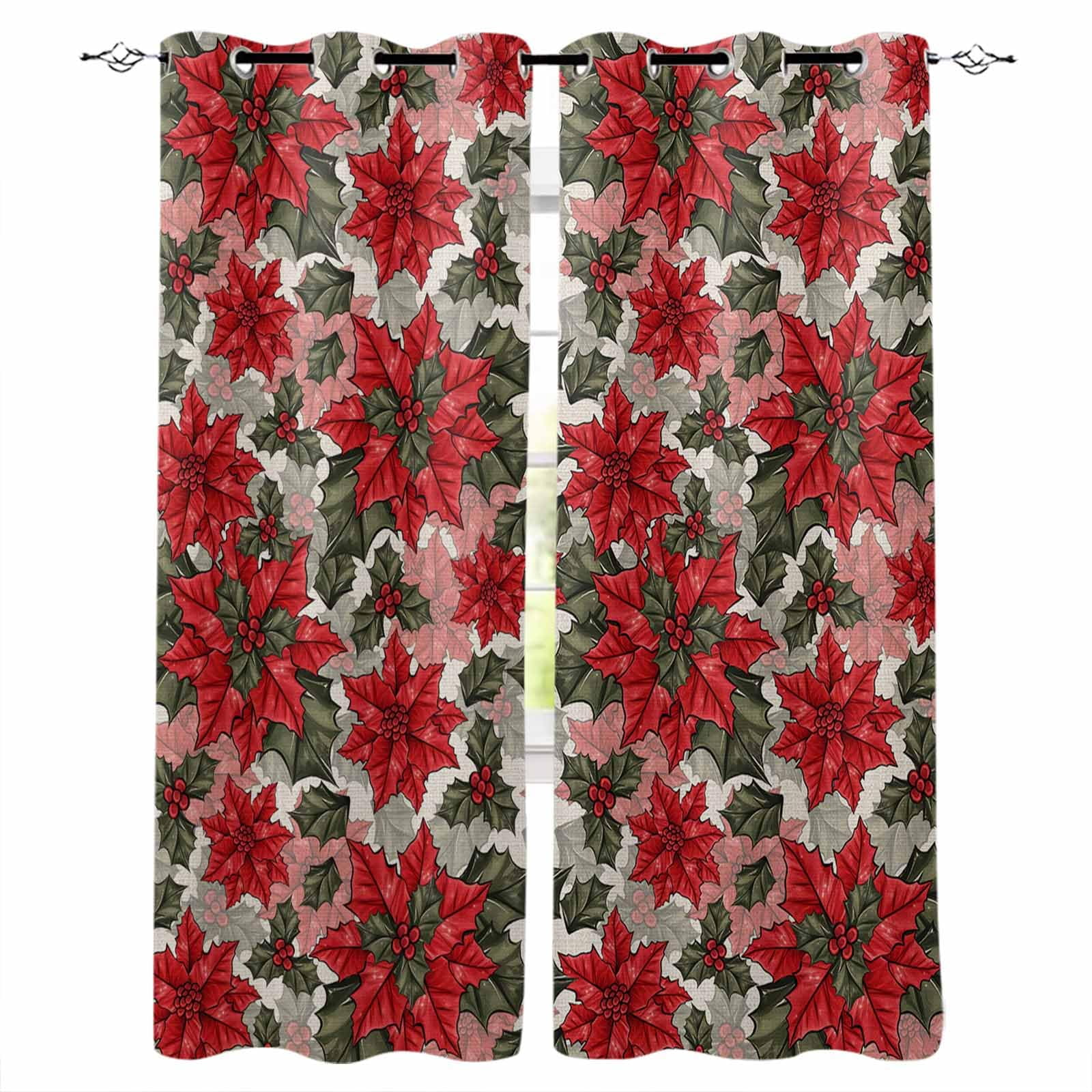 Hokiten Red Floral Christmas Blackout Curtains | Light Blocking Print ...