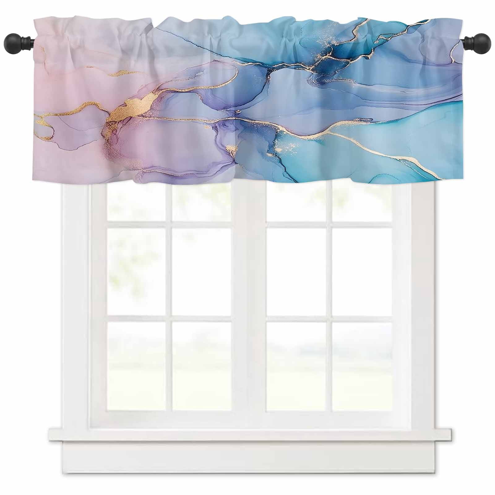Hokiten Rod Pocket Curtain Valance, Abstract Marble Turquoise Farmhouse ...