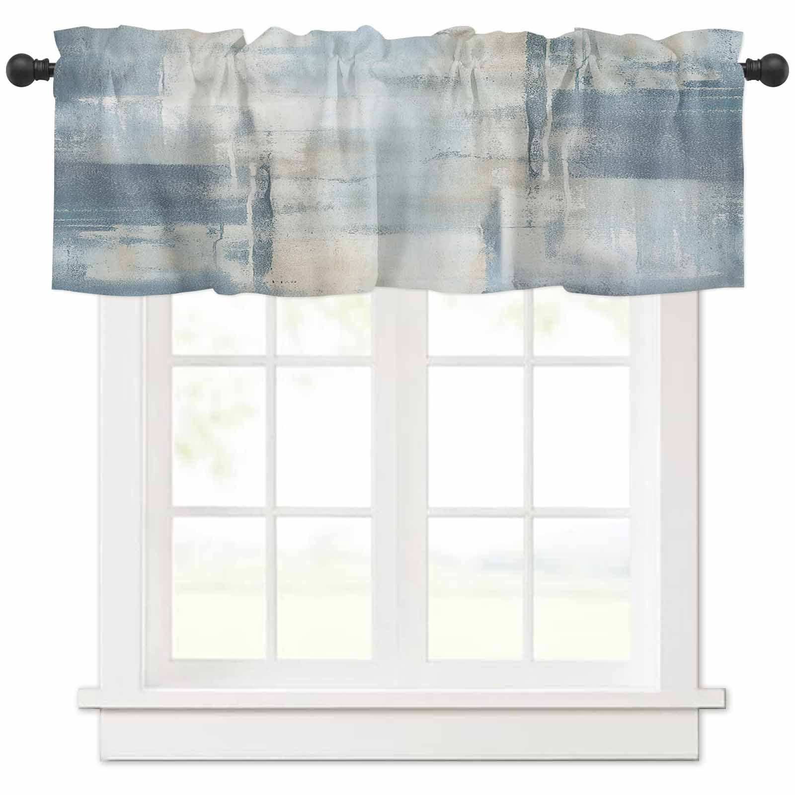 Hokiten Rod Pocket Curtain Valance, Blue Beige Farmhouse Window Valance ...