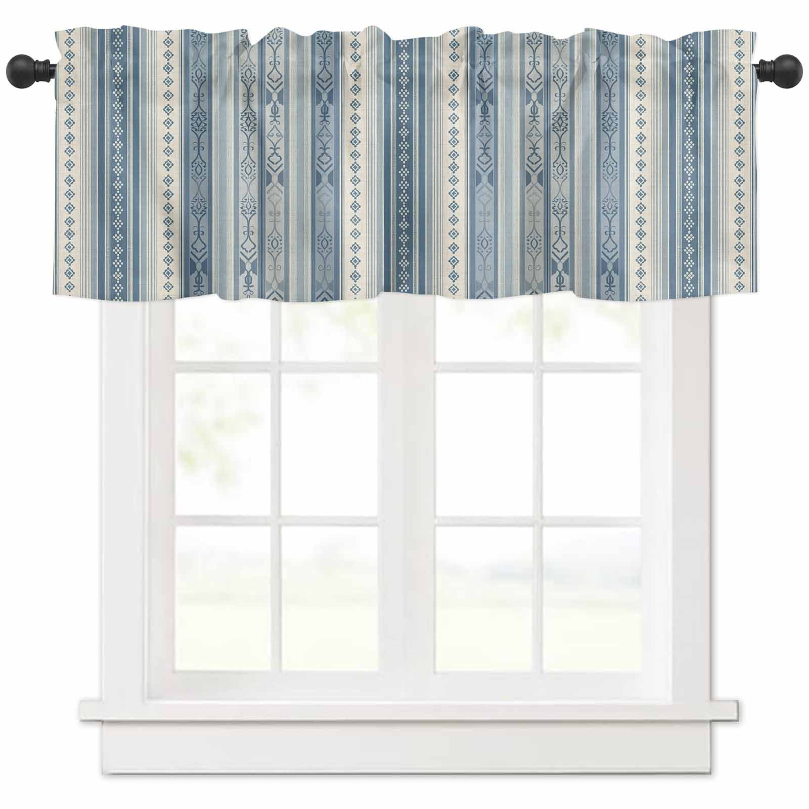 Hokiten Rod Pocket Curtain Valance, Blue Bohemia Stripes,Boho Vintage ...