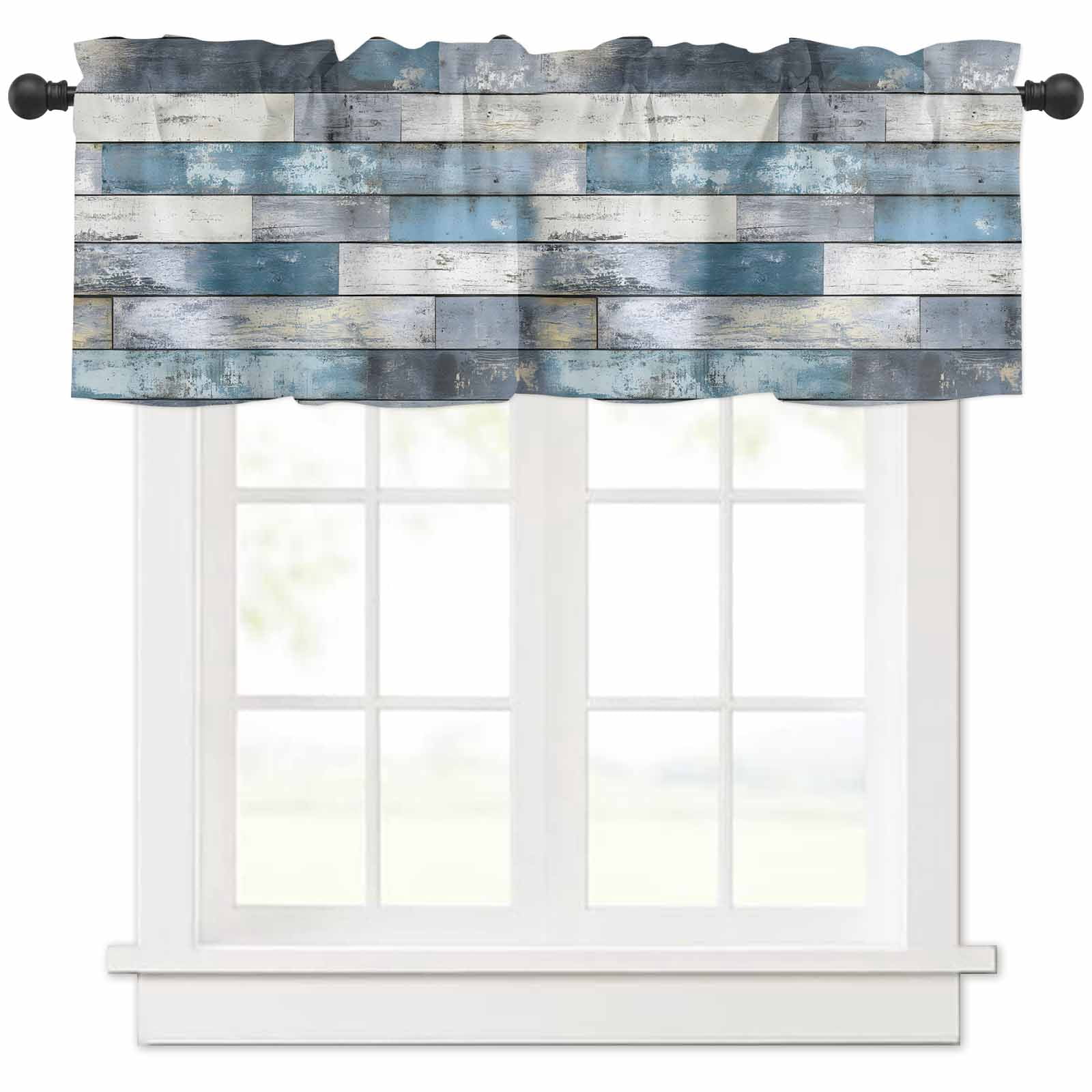 Hokiten Rod Pocket Curtain Valance, Blue Grey Wooden Farmhouse Window ...