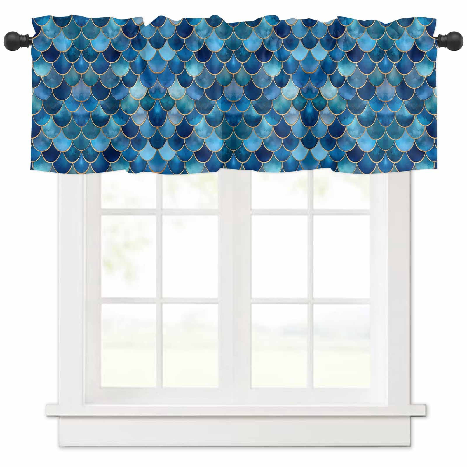 Hokiten Rod Pocket Curtain Valance, Blue Ombre Scale Farmhouse Window ...