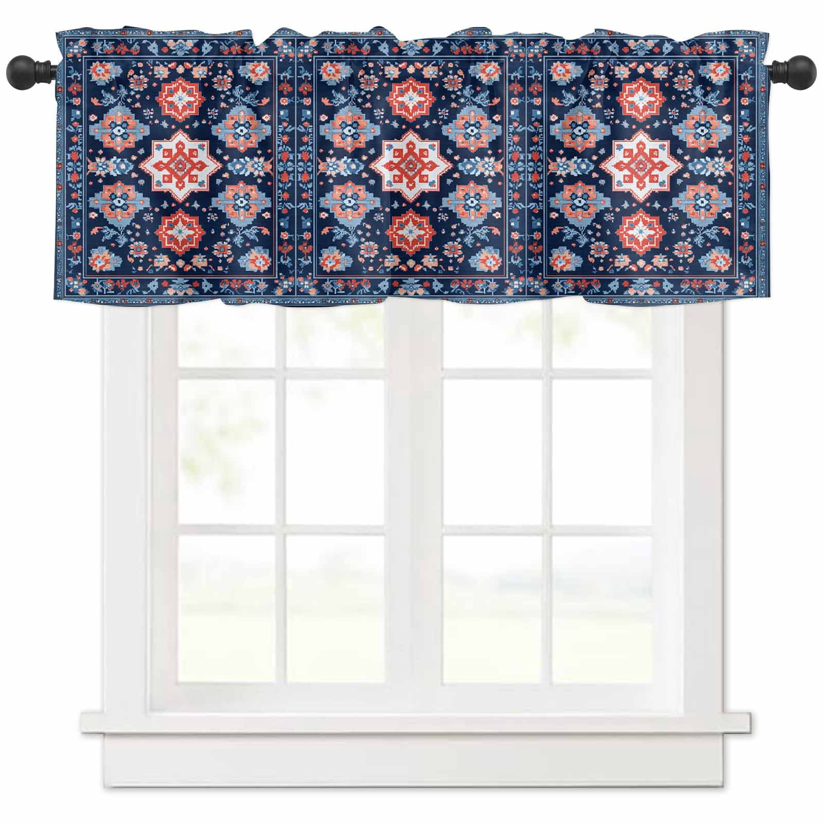 Hokiten Rod Pocket Curtain Valance, Blue Red Geometric Farmhouse Window ...