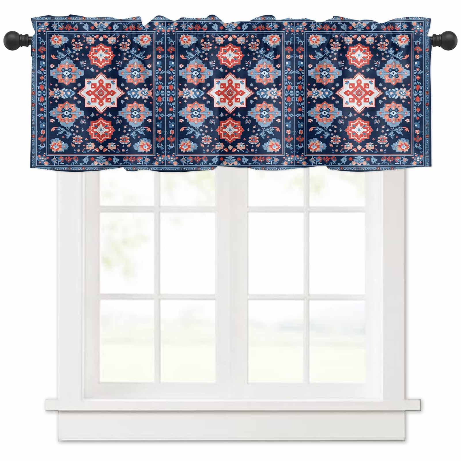 Hokiten Rod Pocket Curtain Valance, Blue Red Geometric Farmhouse Window Valance for Living Room ...