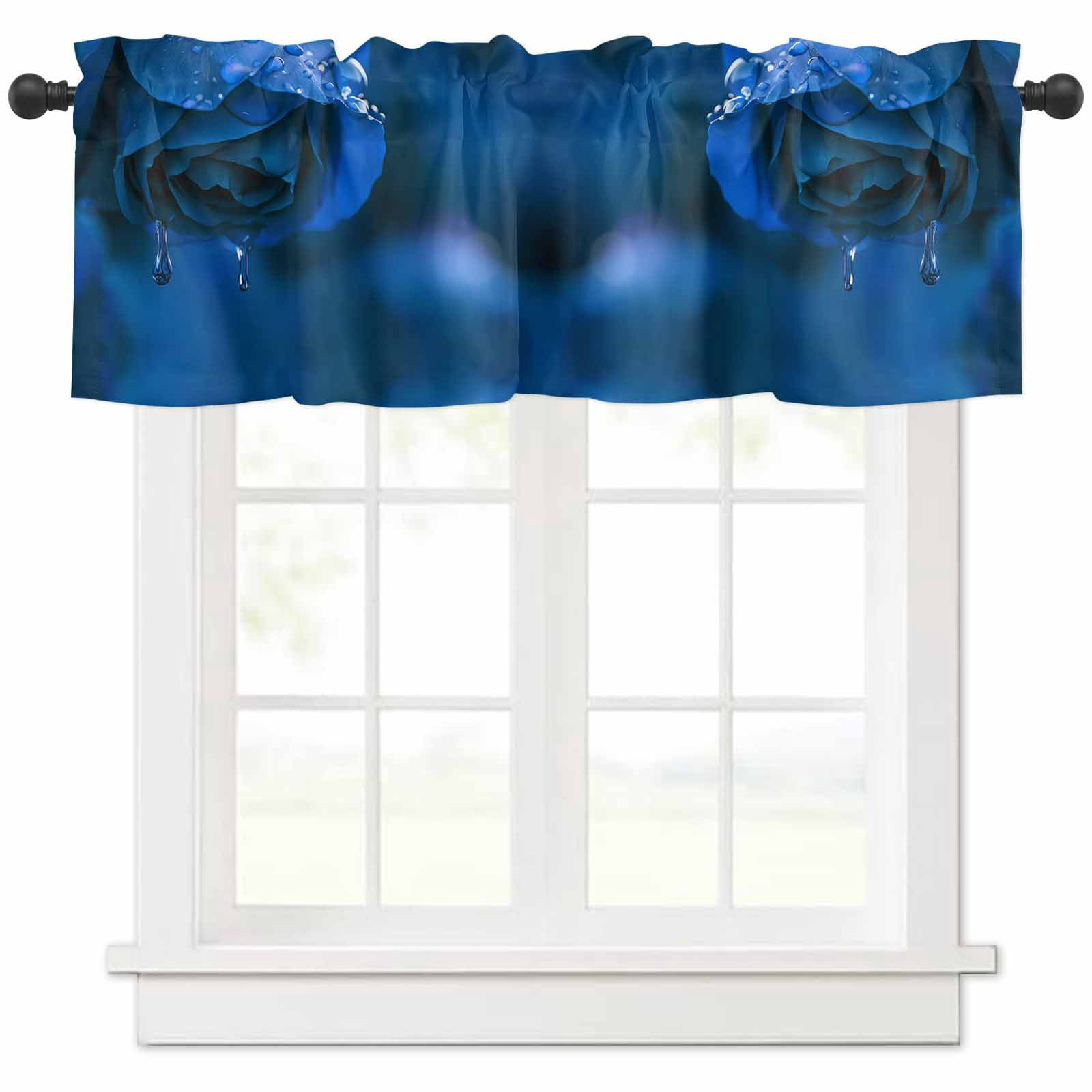 Hokiten Rod Pocket Curtain Valance, Blue Rose Farmhouse Window Valance ...