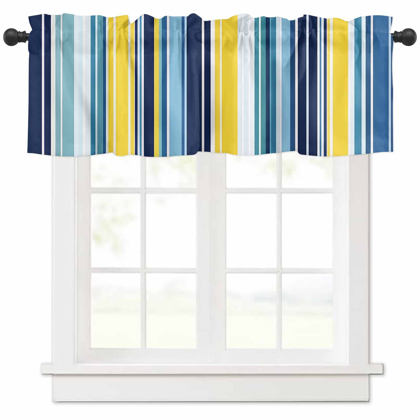 Hokiten Rod Pocket Curtain Valance, Blue Yellow Teal Stripes Farmhouse ...