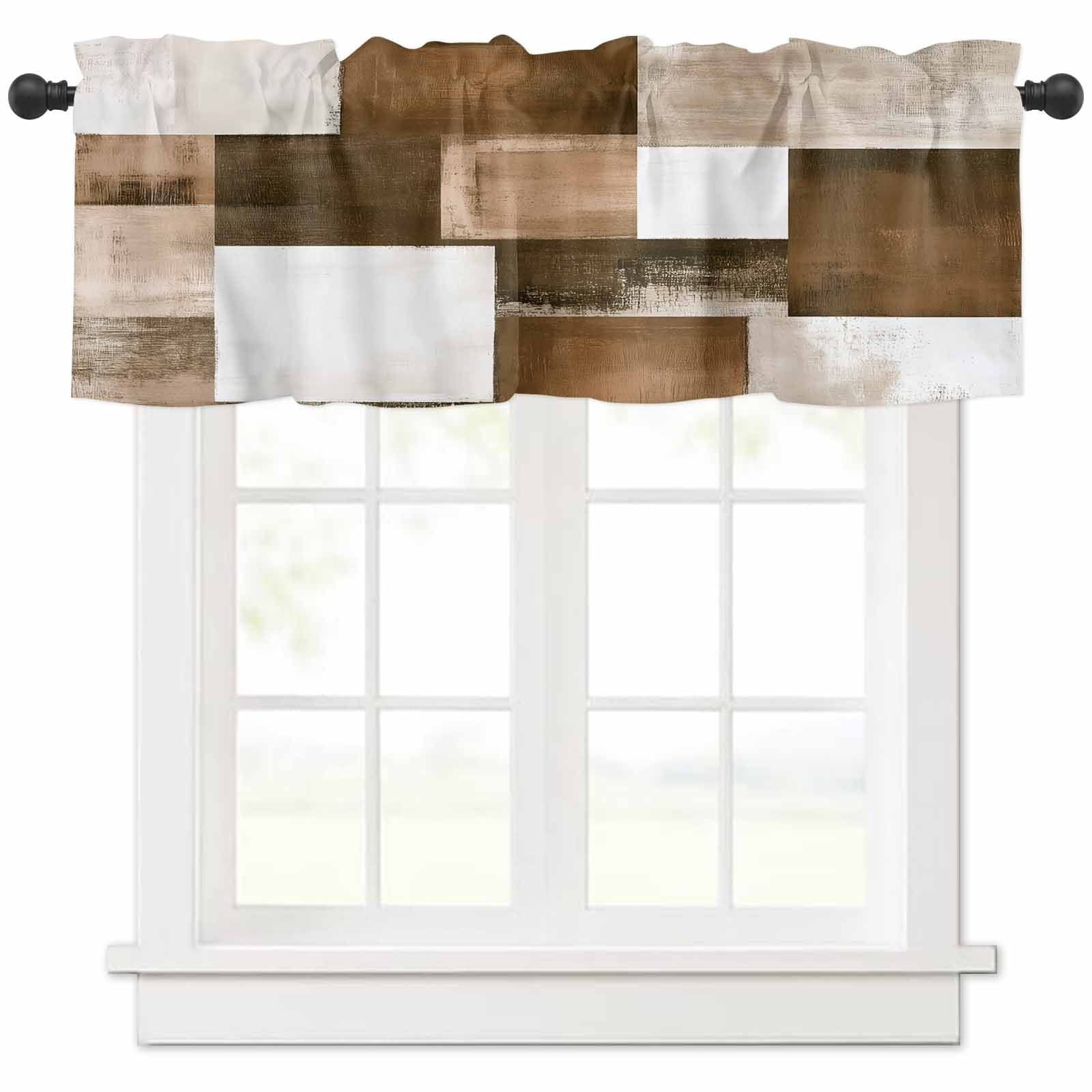 Hokiten Rod Pocket Curtain Valance, Brown Geometric Farmhouse Window ...