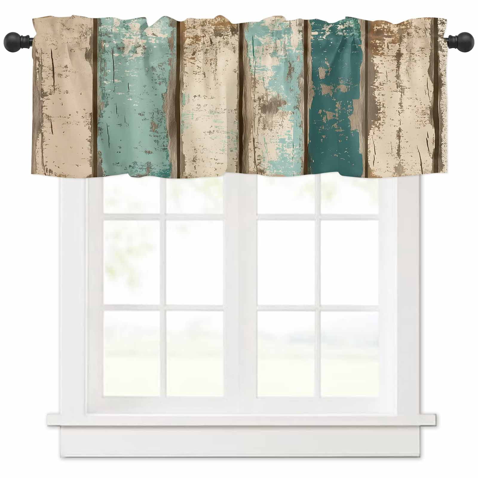 Hokiten Rod Pocket Curtain Valance, Farmhouse Teal Brown Farmhouse ...
