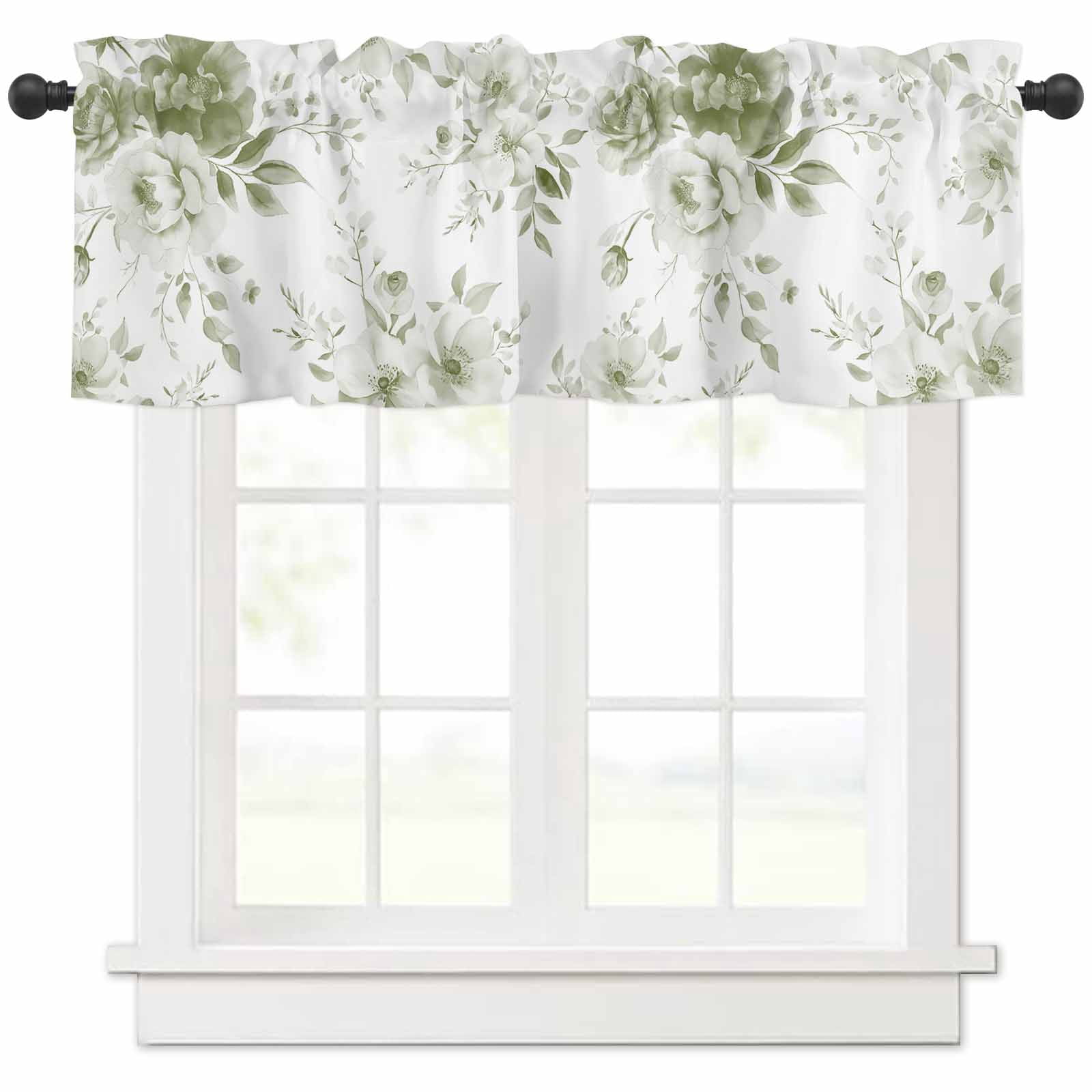 Hokiten Rod Pocket Curtain Valance, Green Floral Art Farmhouse Window ...