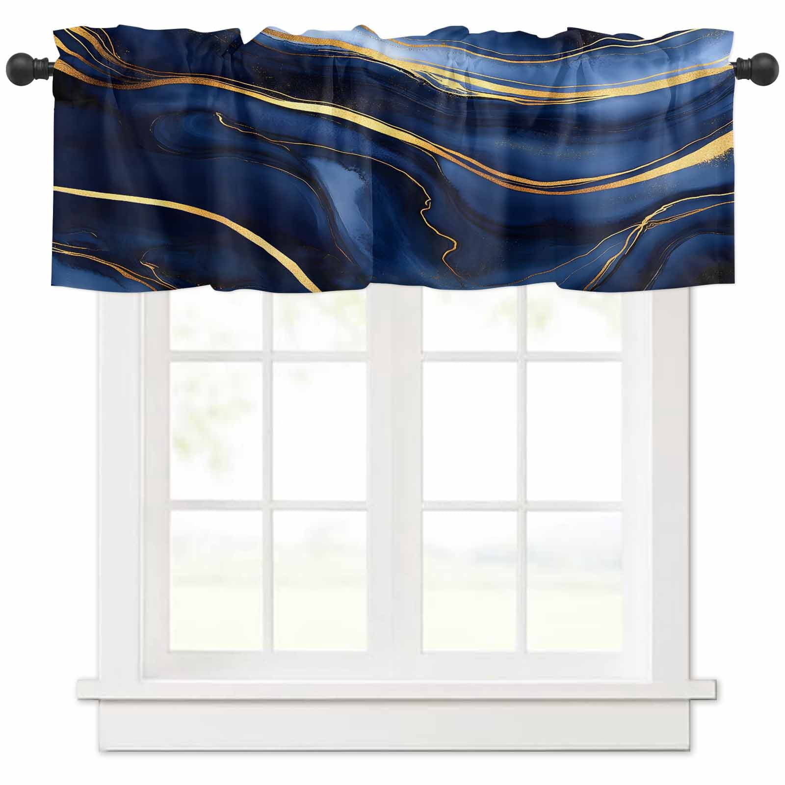 Hokiten Rod Pocket Curtain Valance, Marble Navy Blue Farmhouse Window ...