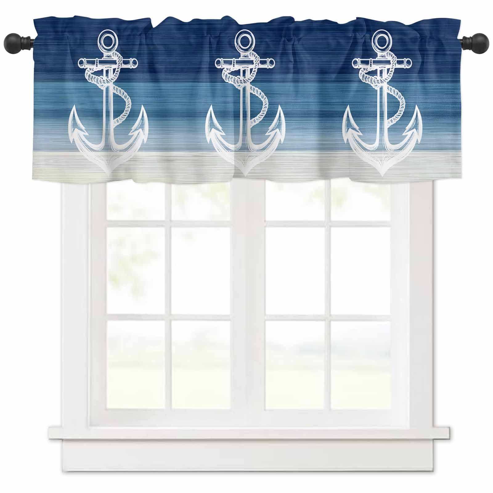 Hokiten Rod Pocket Curtain Valance, Nautical Anchor Navy Blue Farmhouse ...
