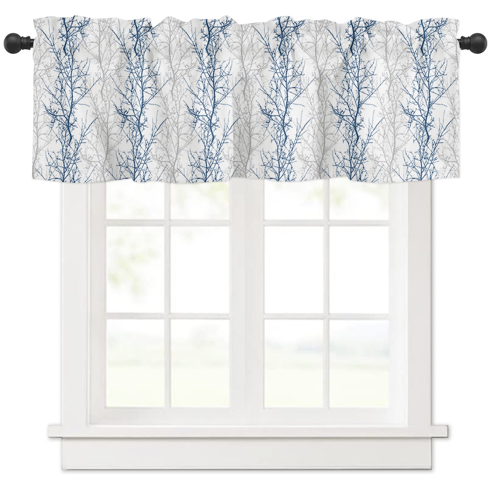 Hokiten Rod Pocket Curtain Valance, Navy Blue Grey Branch Farmhouse Window Valance for Living ...
