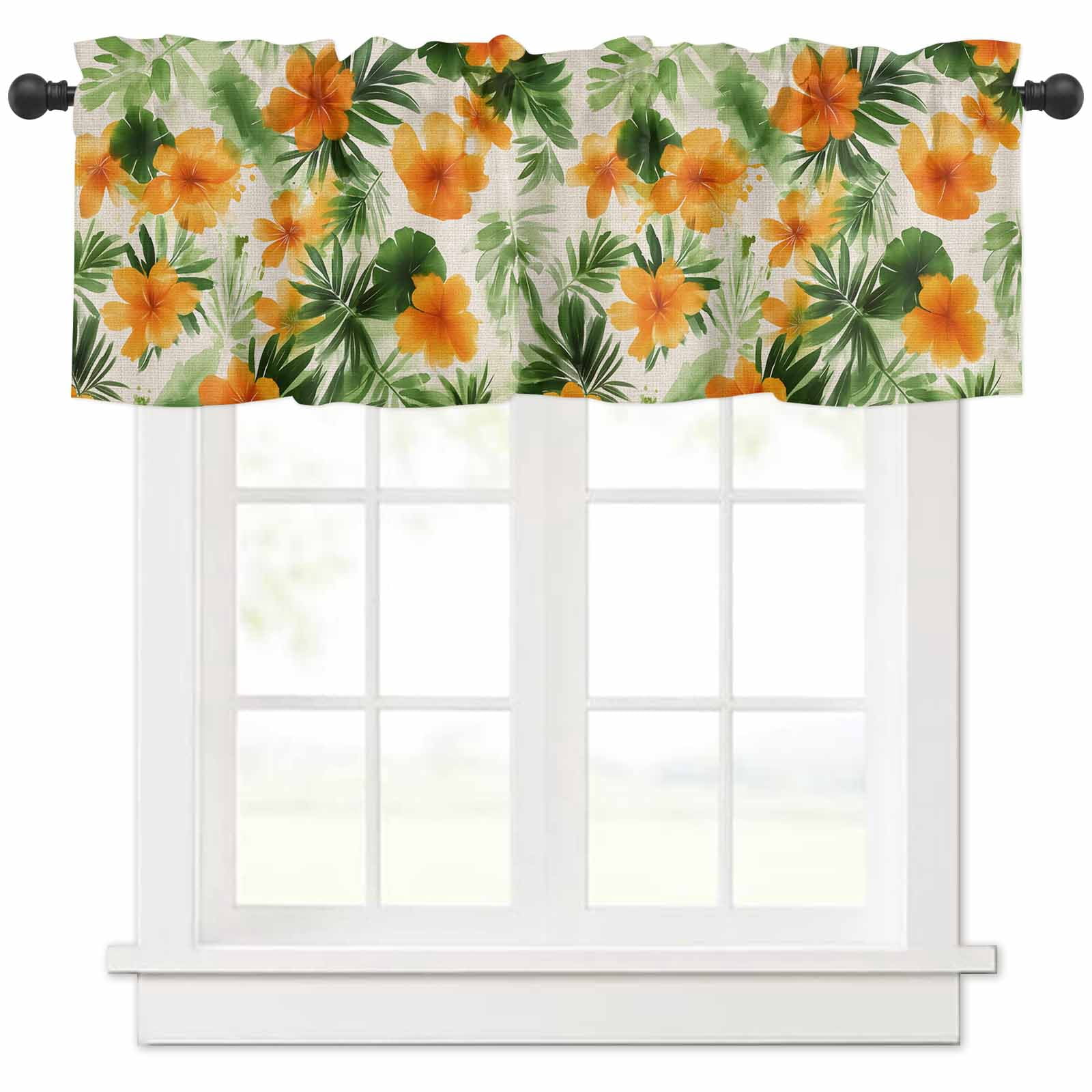 Hokiten Rod Pocket Curtain Valance, Orange Floral Palm Leaves Farmhouse ...
