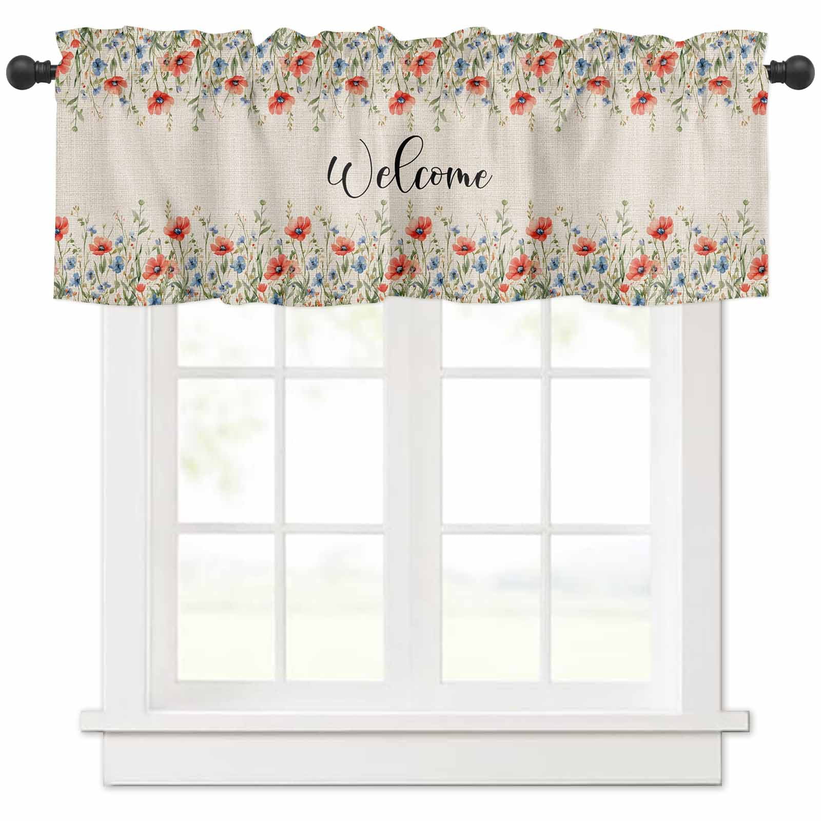 Hokiten Rod Pocket Curtain Valance, Red Blue Spring Floral Farmhouse ...