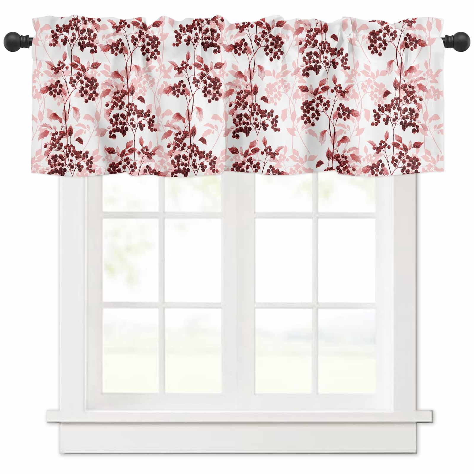 Hokiten Rod Pocket Curtain Valance, Red Botanical Farmhouse Window ...