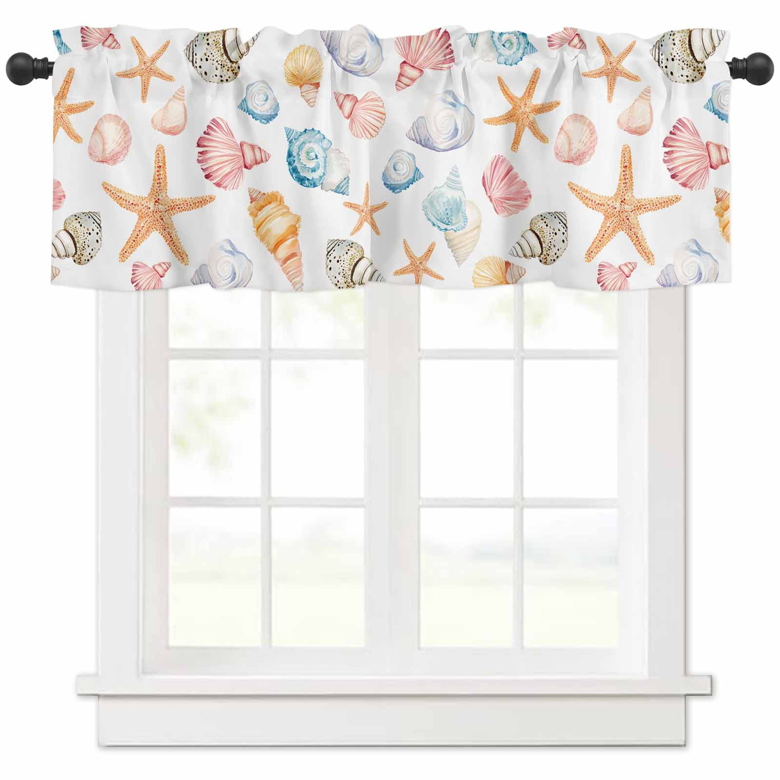 Hokiten Rod Pocket Curtain Valance, Shell Starfish Coastal Farmhouse ...