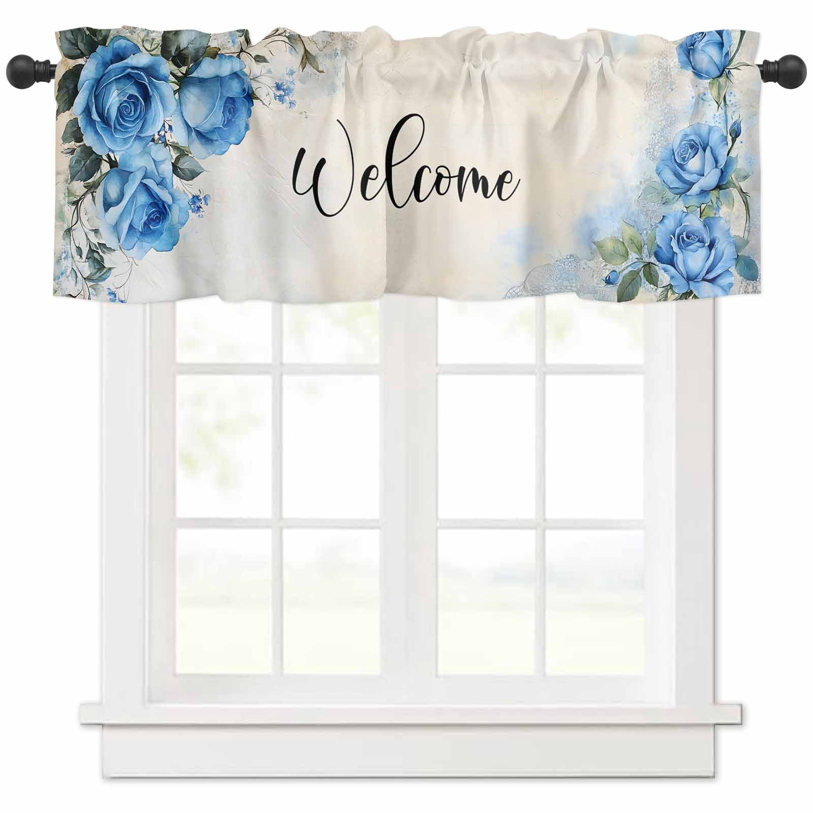 Hokiten Rod Pocket Curtain Valance, Spring Blue Rose Farmhouse Window ...