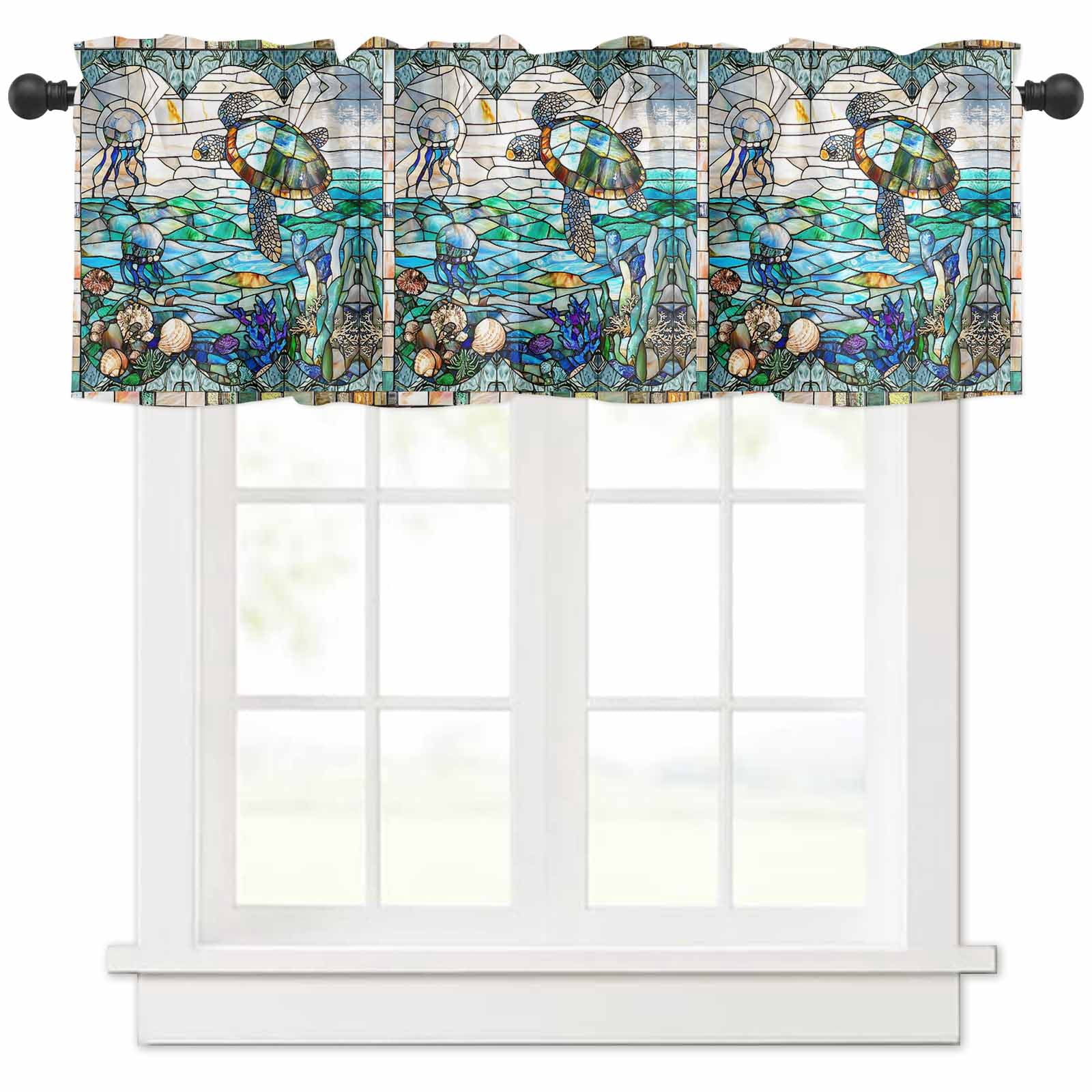 Hokiten Rod Pocket Curtain Valance, Stained Glass Sea Turtle Farmhouse ...
