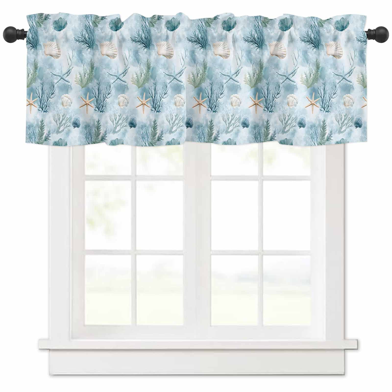 Hokiten Rod Pocket Curtain Valance, Summer Blue Coral Farmhouse Window ...