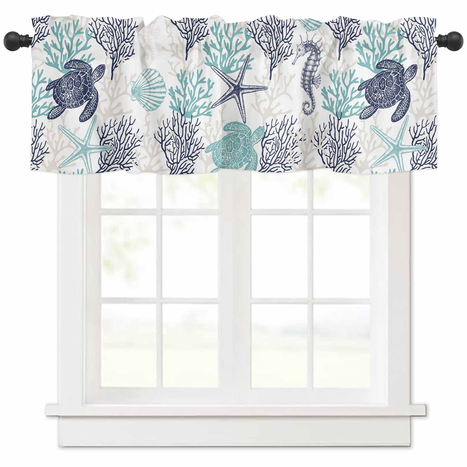 Hokiten Rod Pocket Curtain Valance, Teal Blue Coastal Farmhouse Window ...