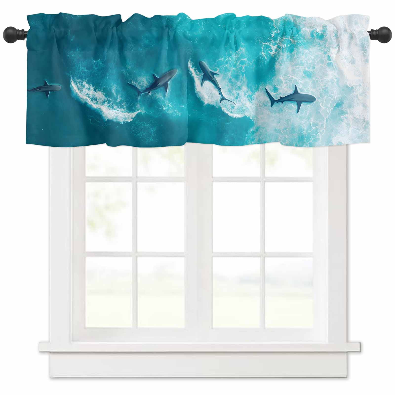 Hokiten Rod Pocket Curtain Valance, Teal Blue Ocean Shark Farmhouse ...