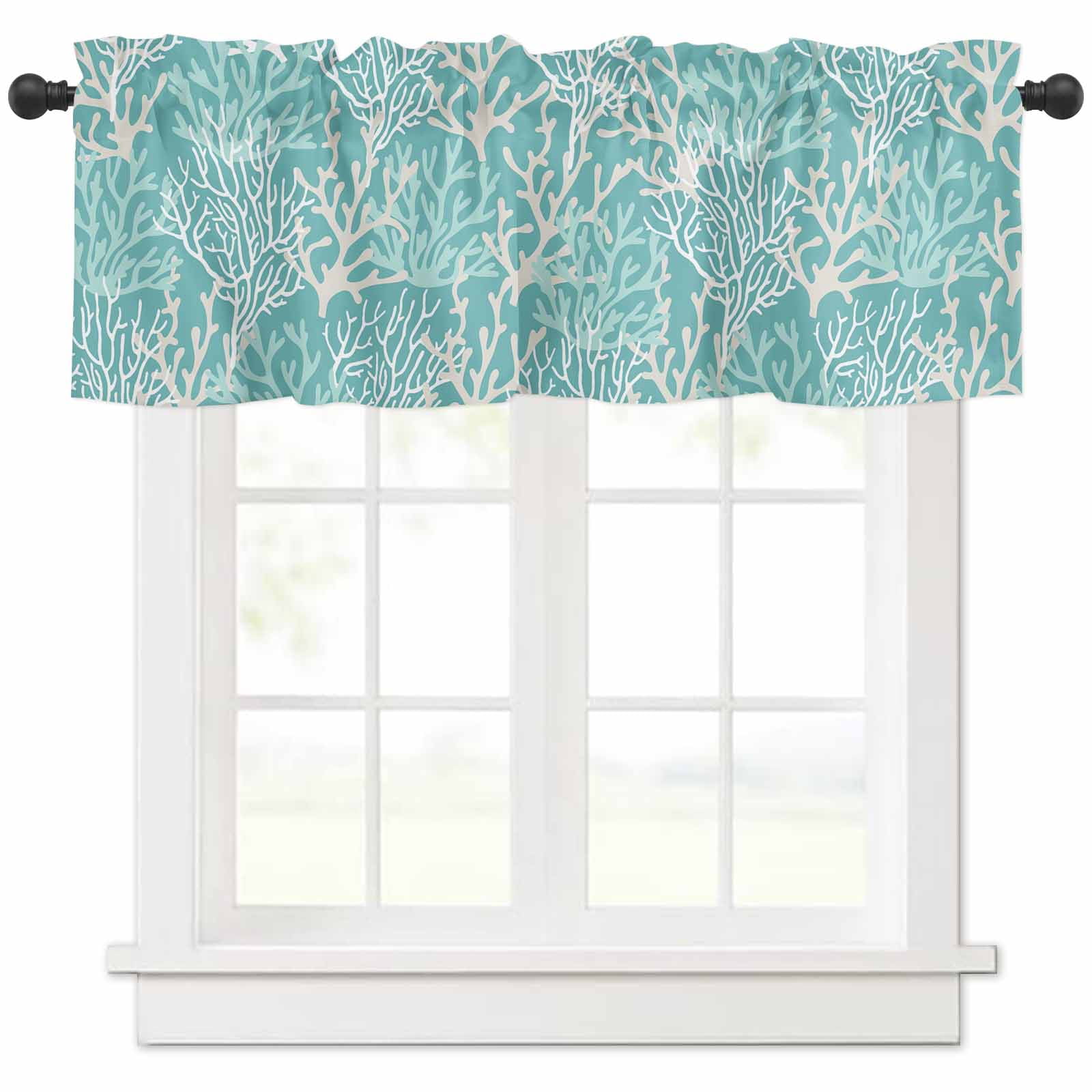 Hokiten Rod Pocket Curtain Valance, Teal Coral Coastal Farmhouse Window ...