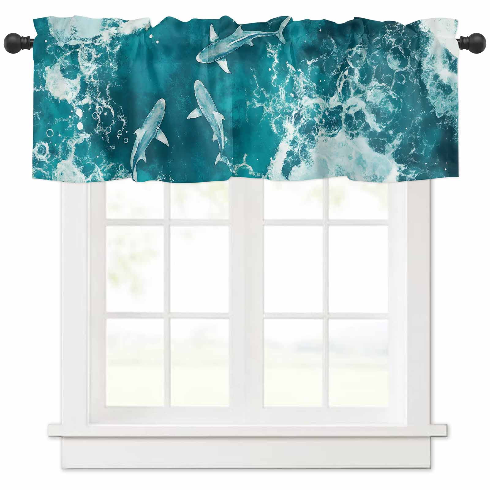 Hokiten Rod Pocket Curtain Valance, Teal Green Ocean Shark Farmhouse ...