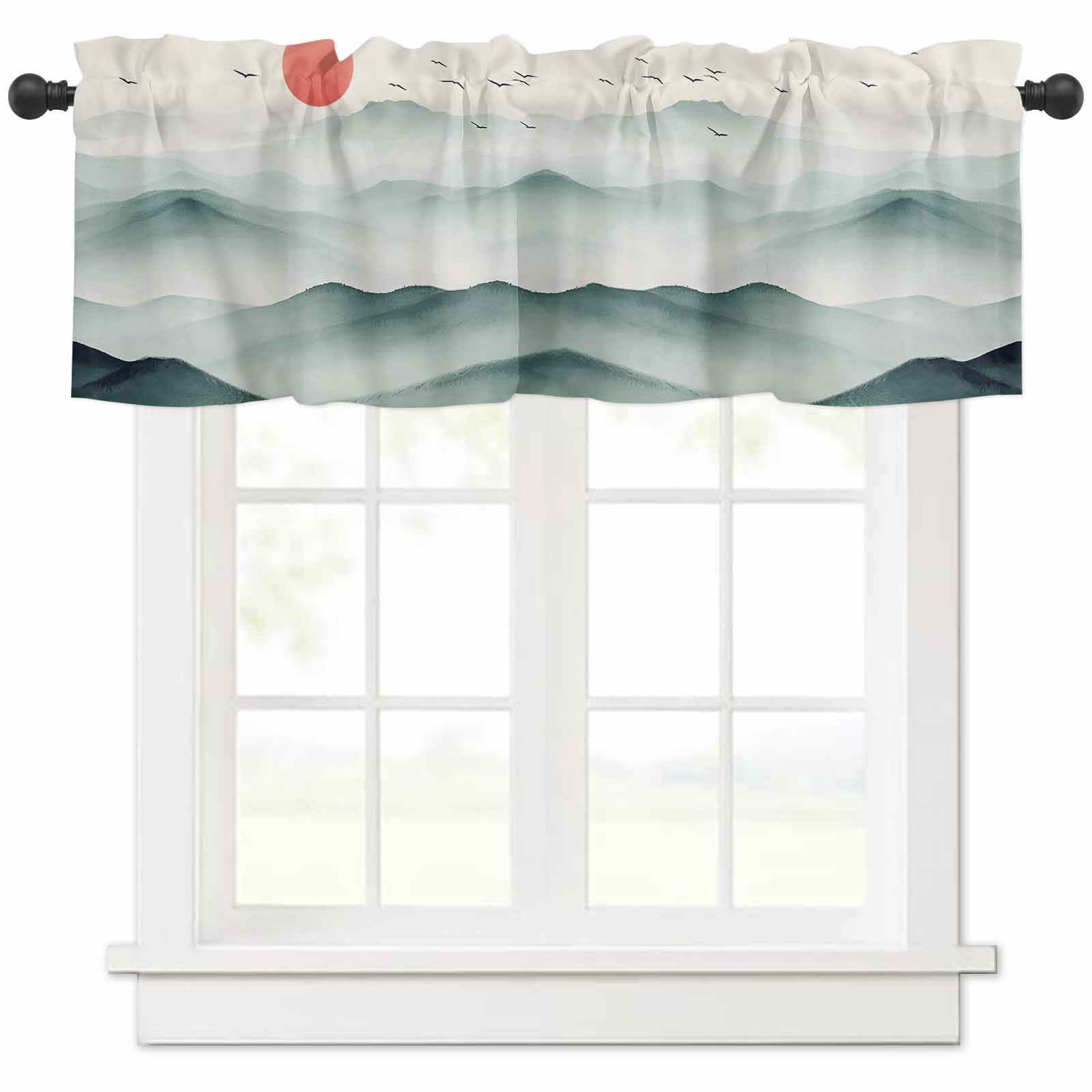 Hokiten Rod Pocket Curtain Valance, Teal Ombre Mountain Farmhouse ...