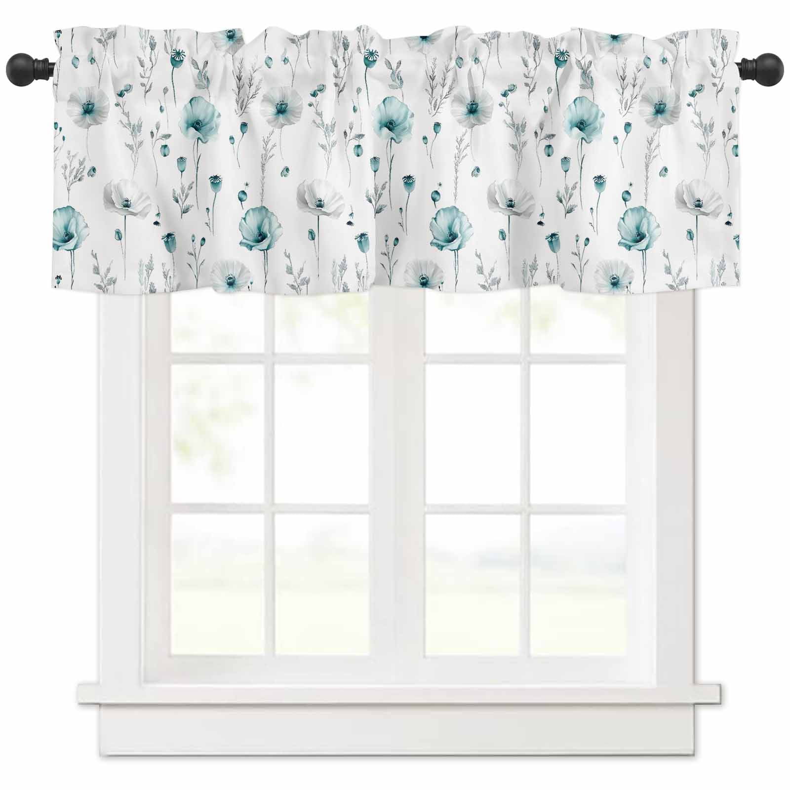 Hokiten Rod Pocket Curtain Valance, Turquoise Flowers Farmhouse Window ...