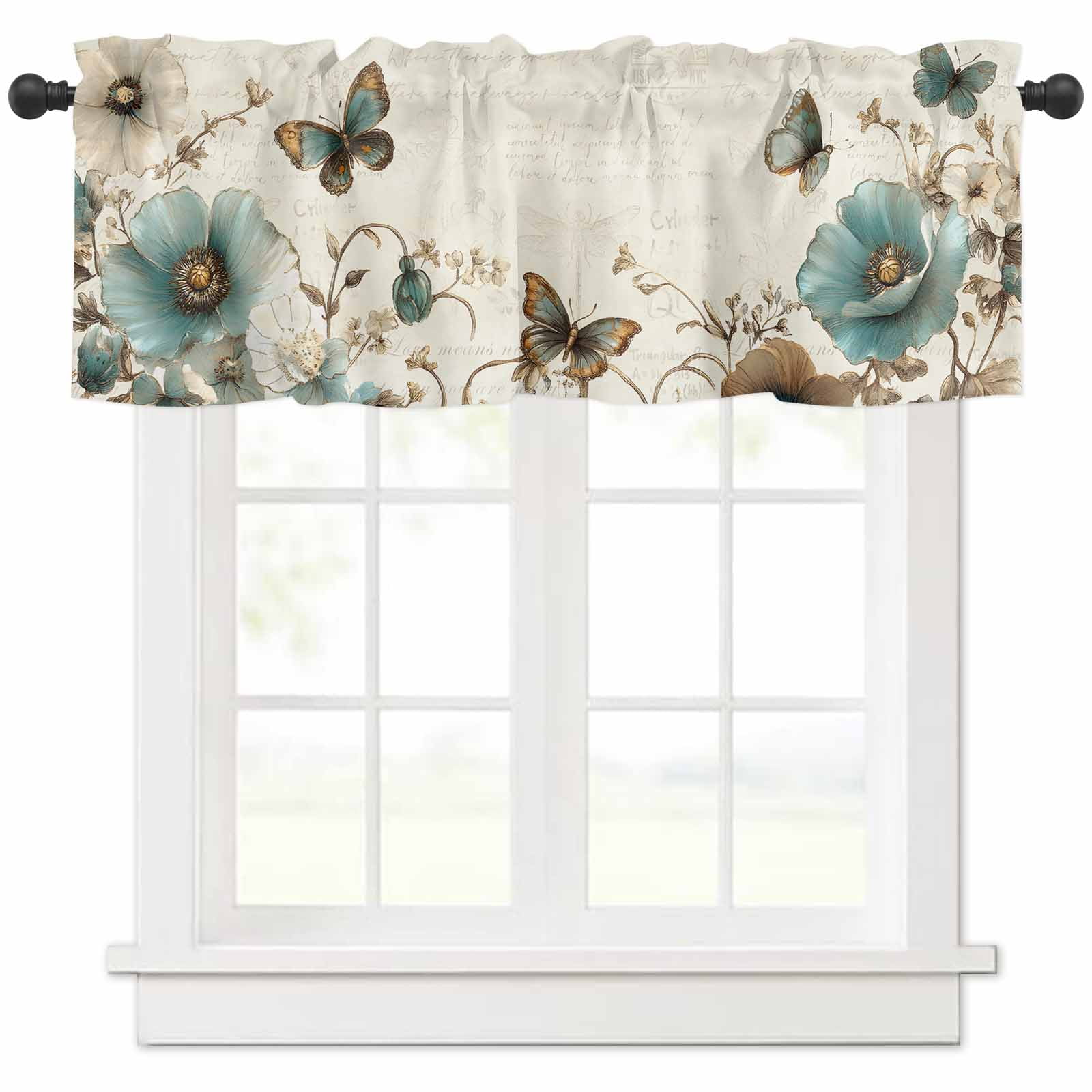 Hokiten Rod Pocket Curtain Valance, Turquoise Flowers Farmhouse Window ...