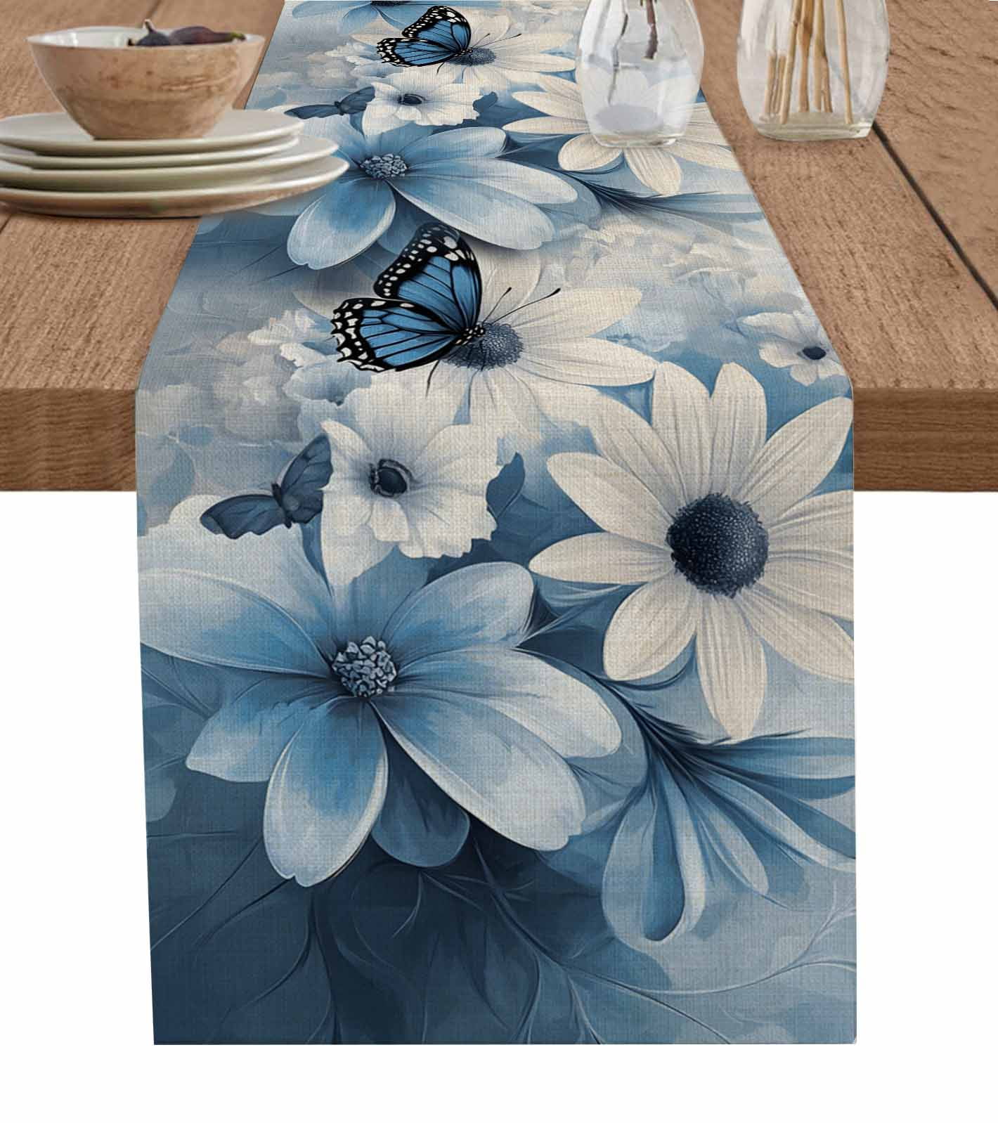 Hokiten Table Runners 108 Inches Long Dress Scarves, Blue White Floral ...