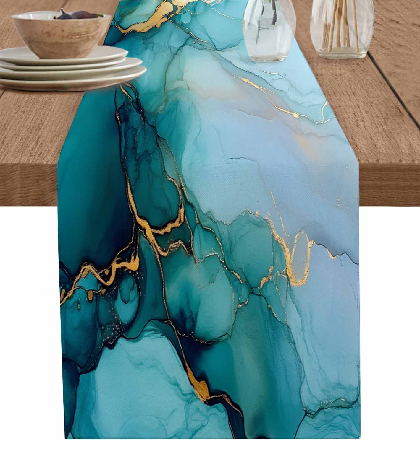 Hokiten Table Runners 48 Inches Long Dress Scarves, Turquoise Gold Marble Farmhouse Kitchen ...