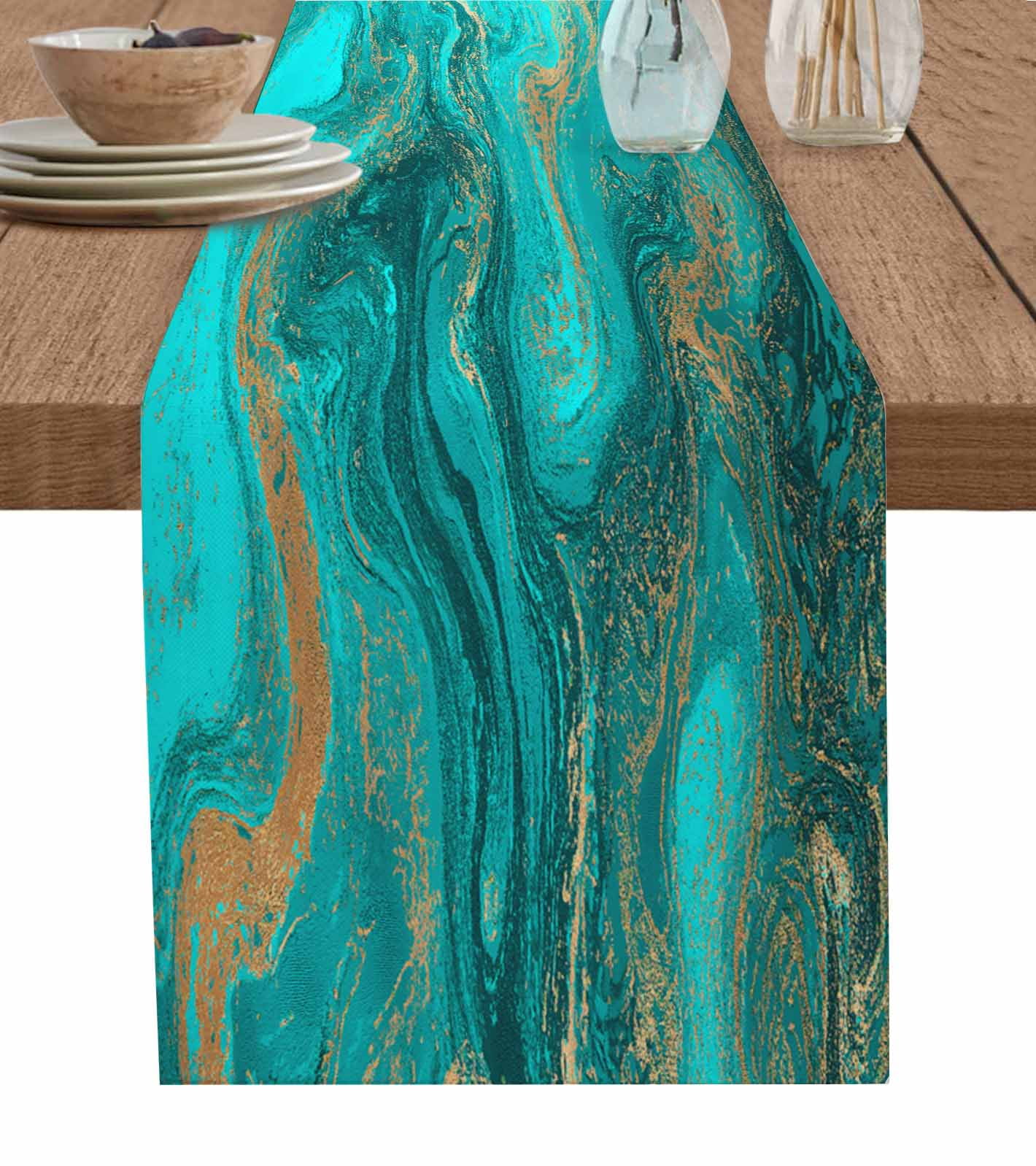 Hokiten Table Runners 48 Inches Long Dress Scarves, Turquoise Marble Farmhouse Kitchen/Dining ...