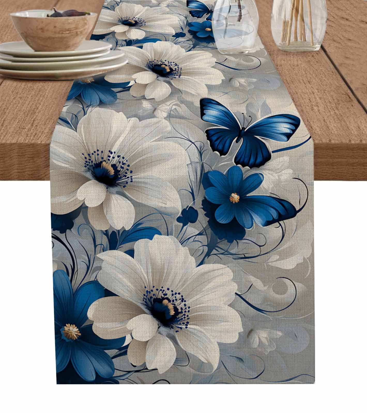 Hokiten Table Runners 60 Inches Long Dress Scarves, White Blue Flowers ...