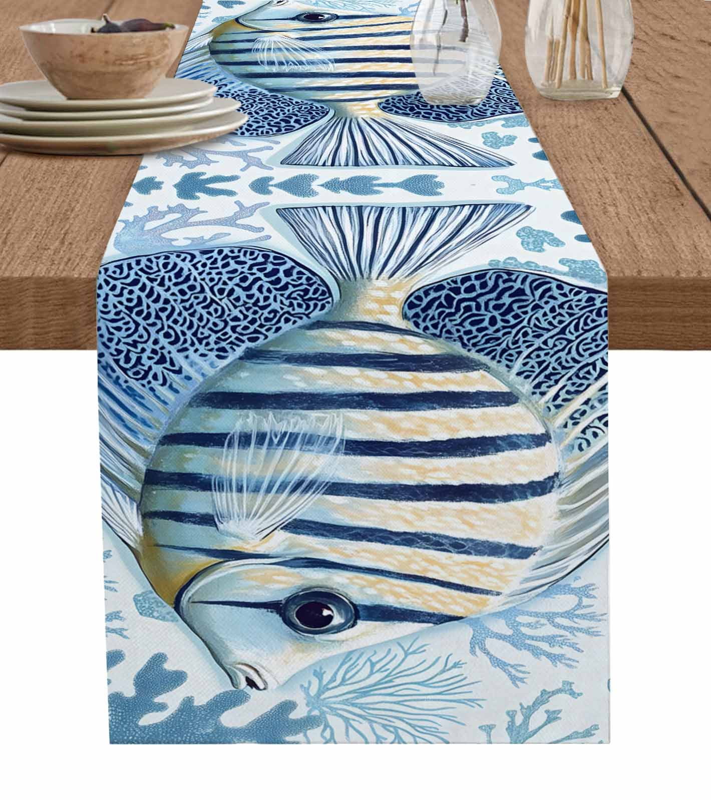 Hokiten Table Runners 72 Inches Long Dress Scarves, Blue Coastal Fish ...