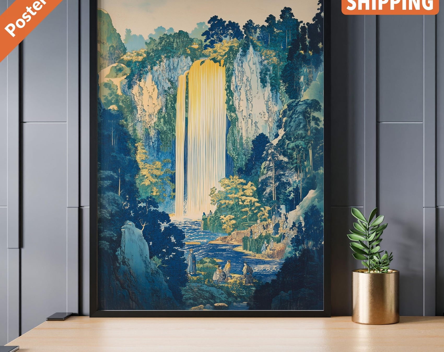 Hokusai Japanese Waterfall Wall Art Landscape Poster Print Blue Green Yellow Japanese Home Decor ...