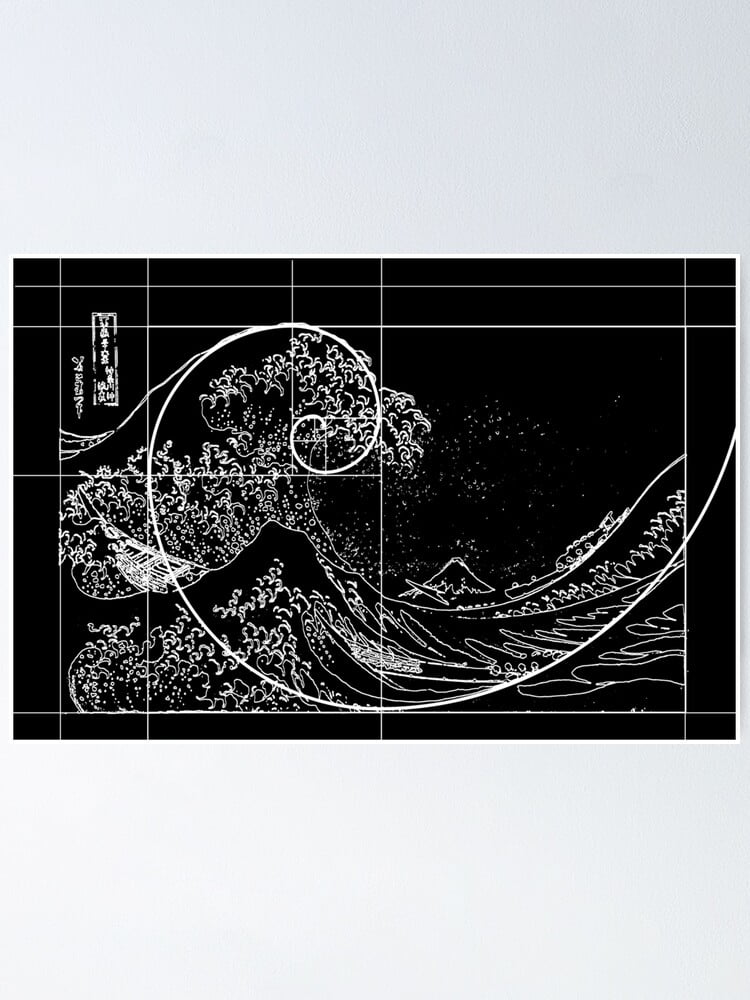 Hokusai Meets Fibonacci, Golden Ratio, White Line Fashion Art Decor ...