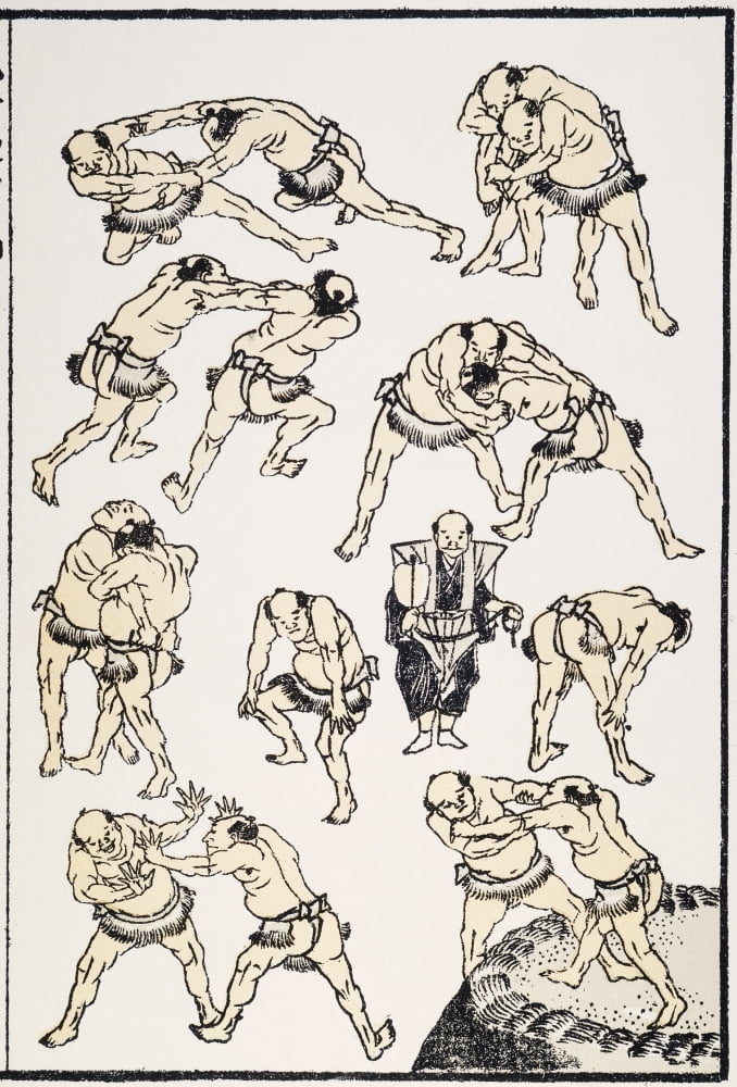Hokusai Sumo. Njapanese Sumo Wrestlers Practicing For A Match. At ...