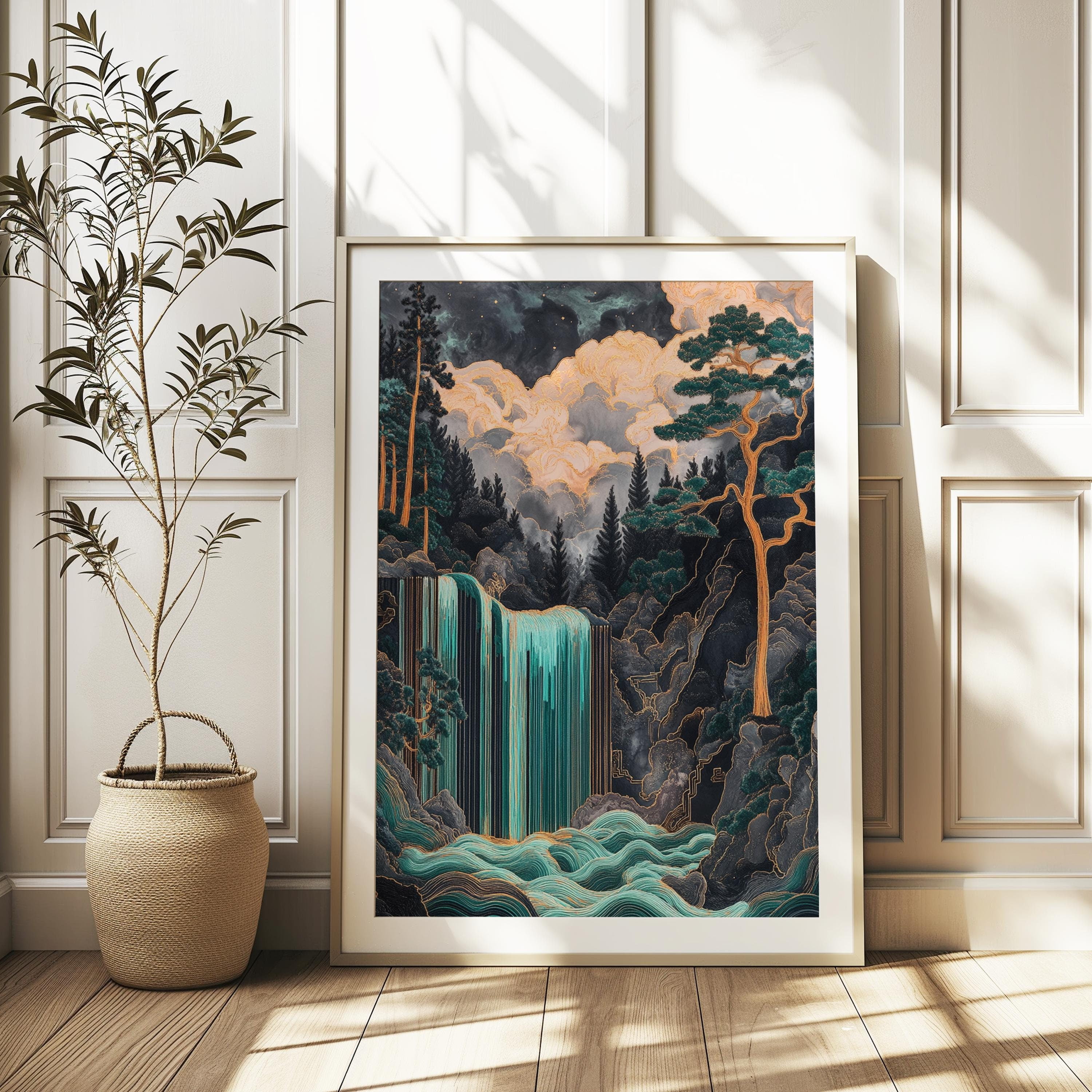 Hokusai Ukiyo-E Japanese Waterfall Wall Art Landscape Poster Print Blue ...
