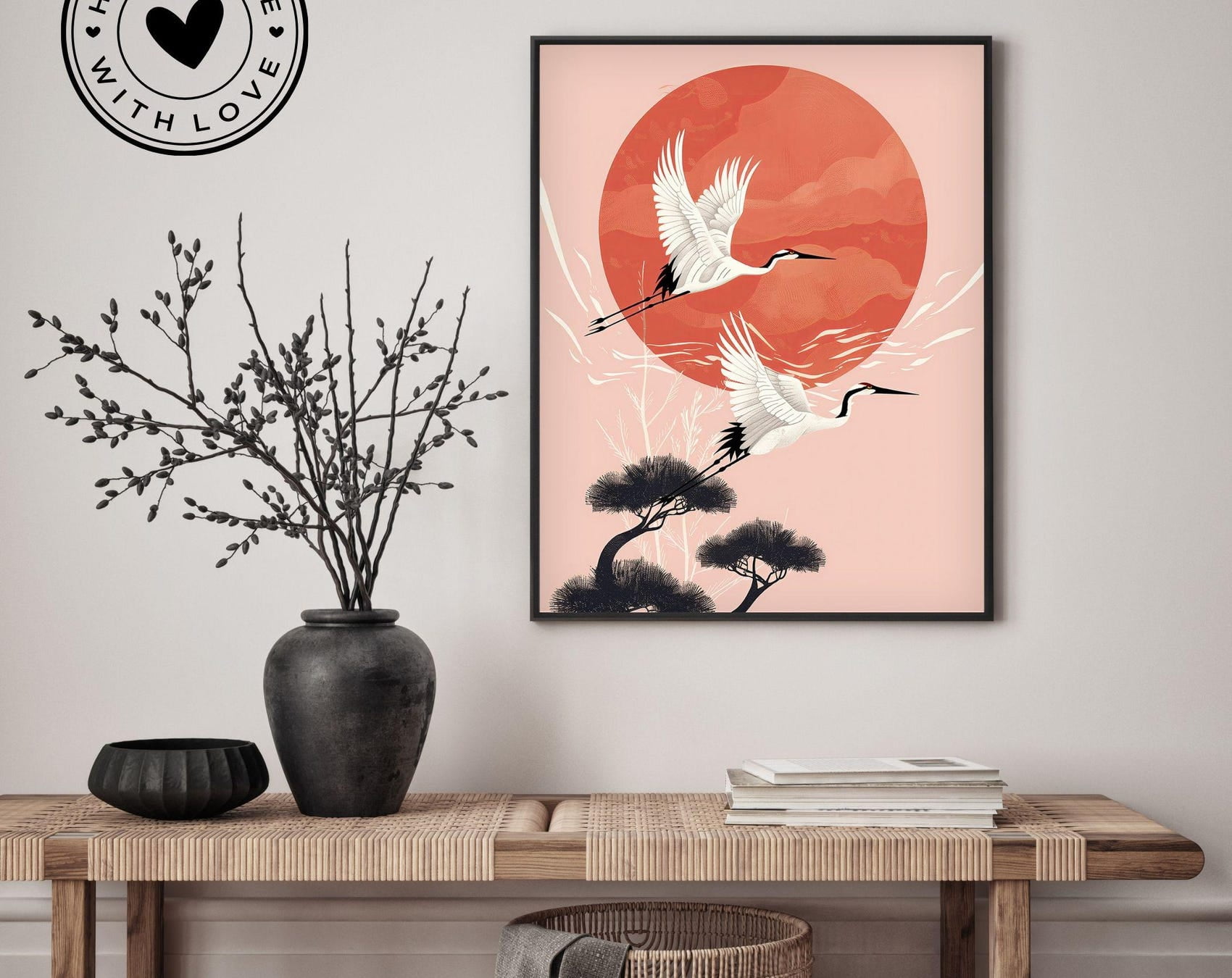Hokusai Ukiyo-e Japanese Pink Cranes Wall Art Asian Landscape Poster ...