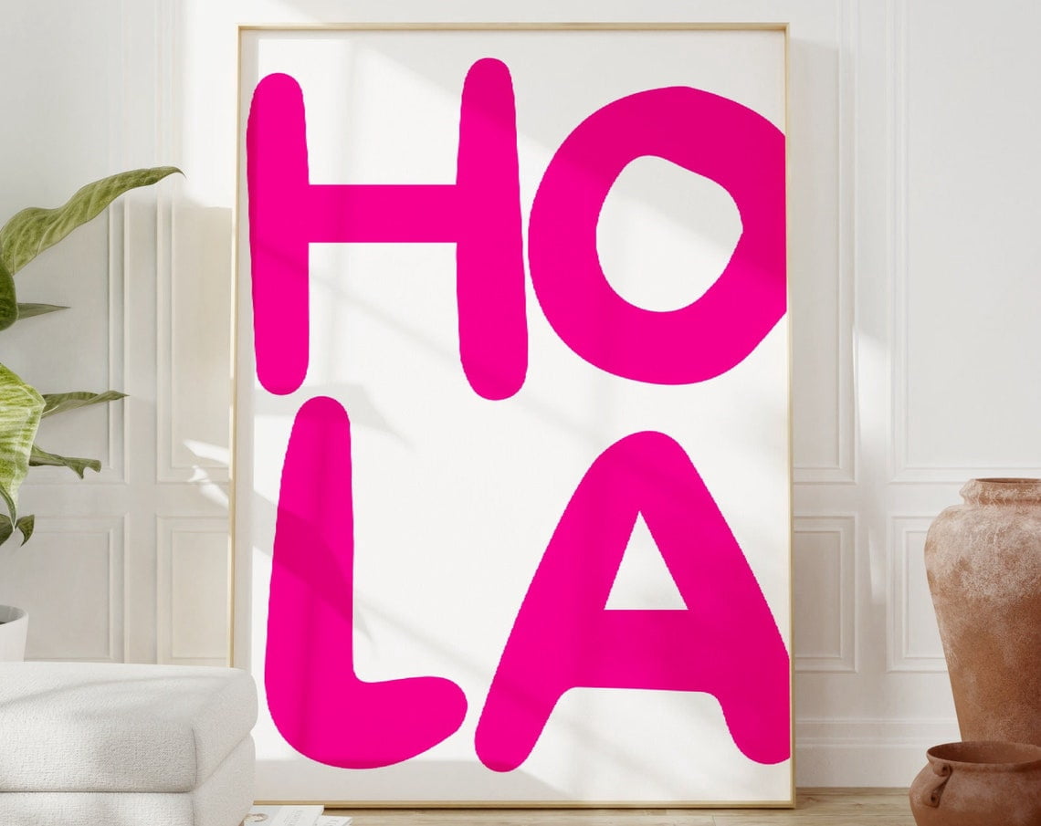 Hola Quote Print, Preppy Pink Decor, Spanish Phrase, Trendy Wall Art ...