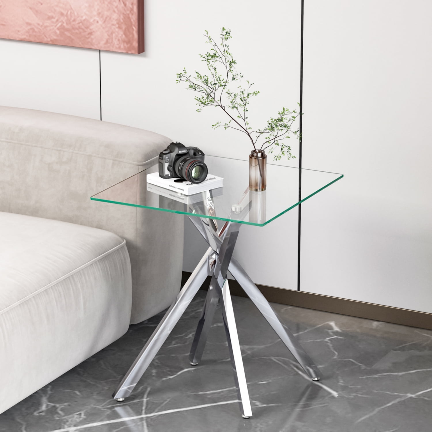 Holaki 17.72" Tempered Glass End Table with Silver Chrome Plated Metal ...