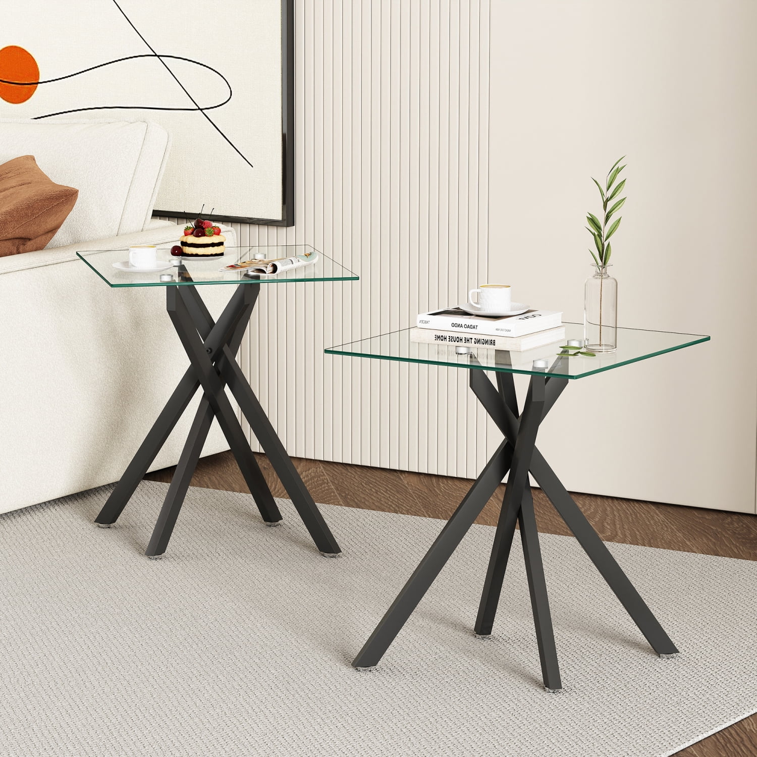 Holaki 2-piece Tempered Glass End Table with Black Metal Legs, Square ...